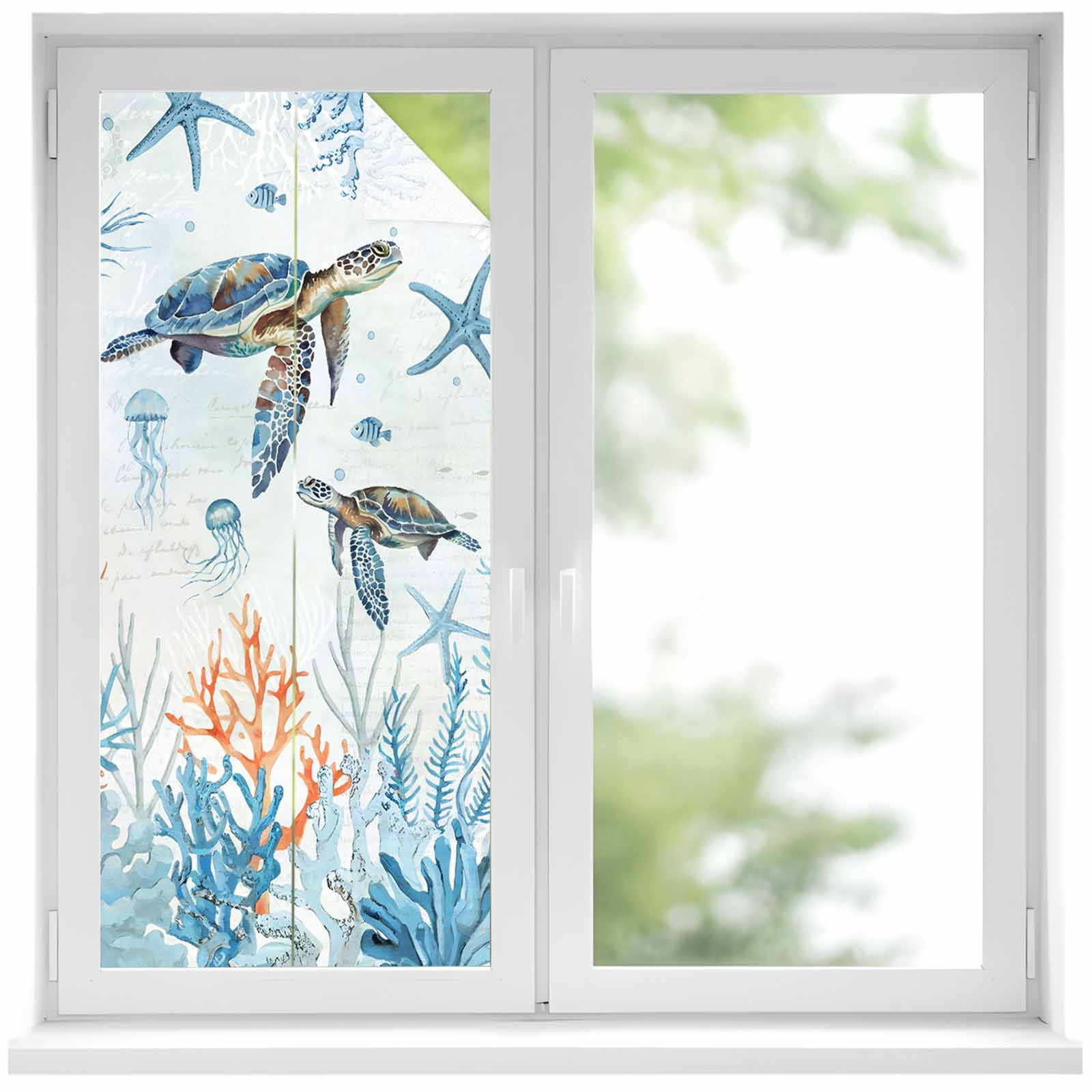 Ocean Turtle Window Privacy Film, Blue Coastal Coral Starfish Seagrass ...