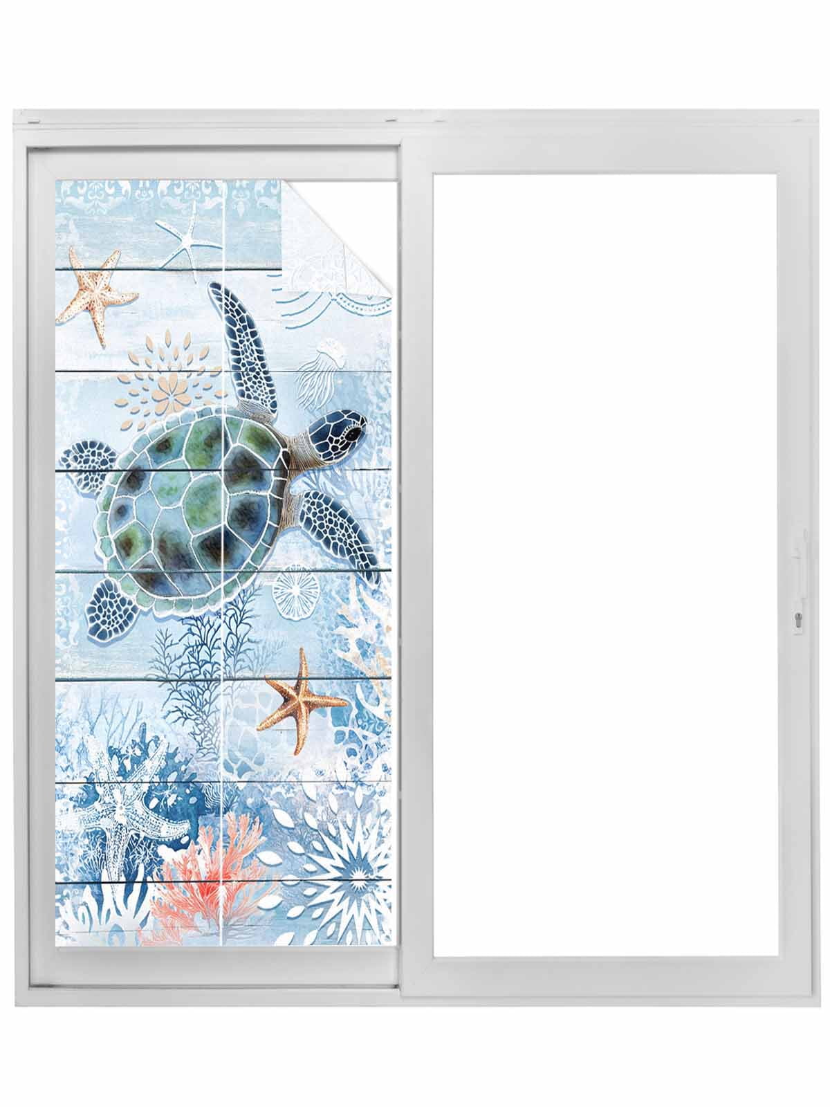 Ocean Turtle Window Privacy Film, Blue Coral Coastal Starfish Nautical ...
