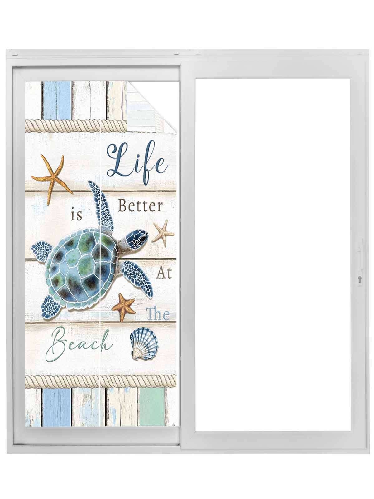 Ocean Turtle Window Privacy Film, Coastal Blue Starfish Shell Conch ...