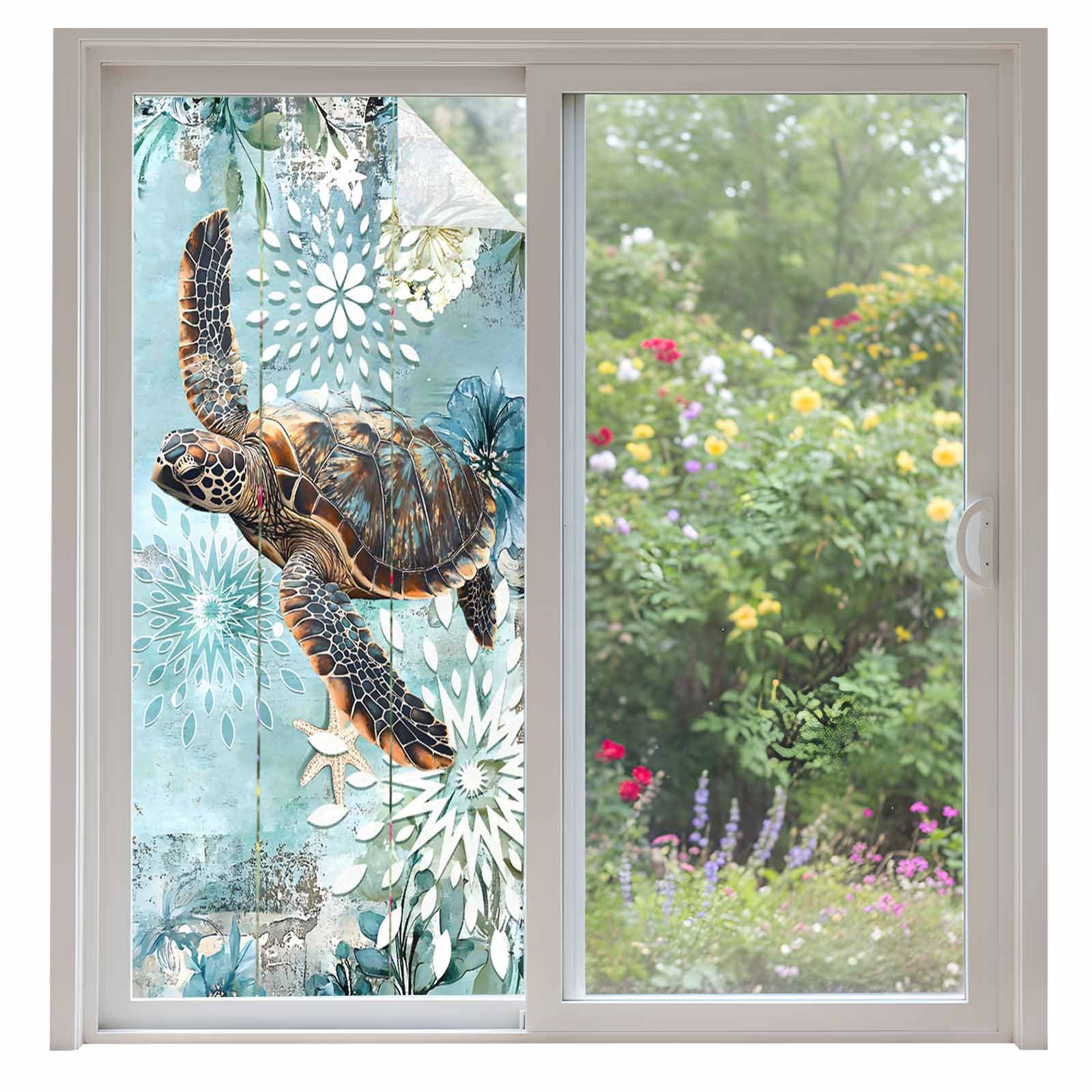 Ocean Turtle Window Privacy Film Nautical Retro Beige Starfish Sealife ...