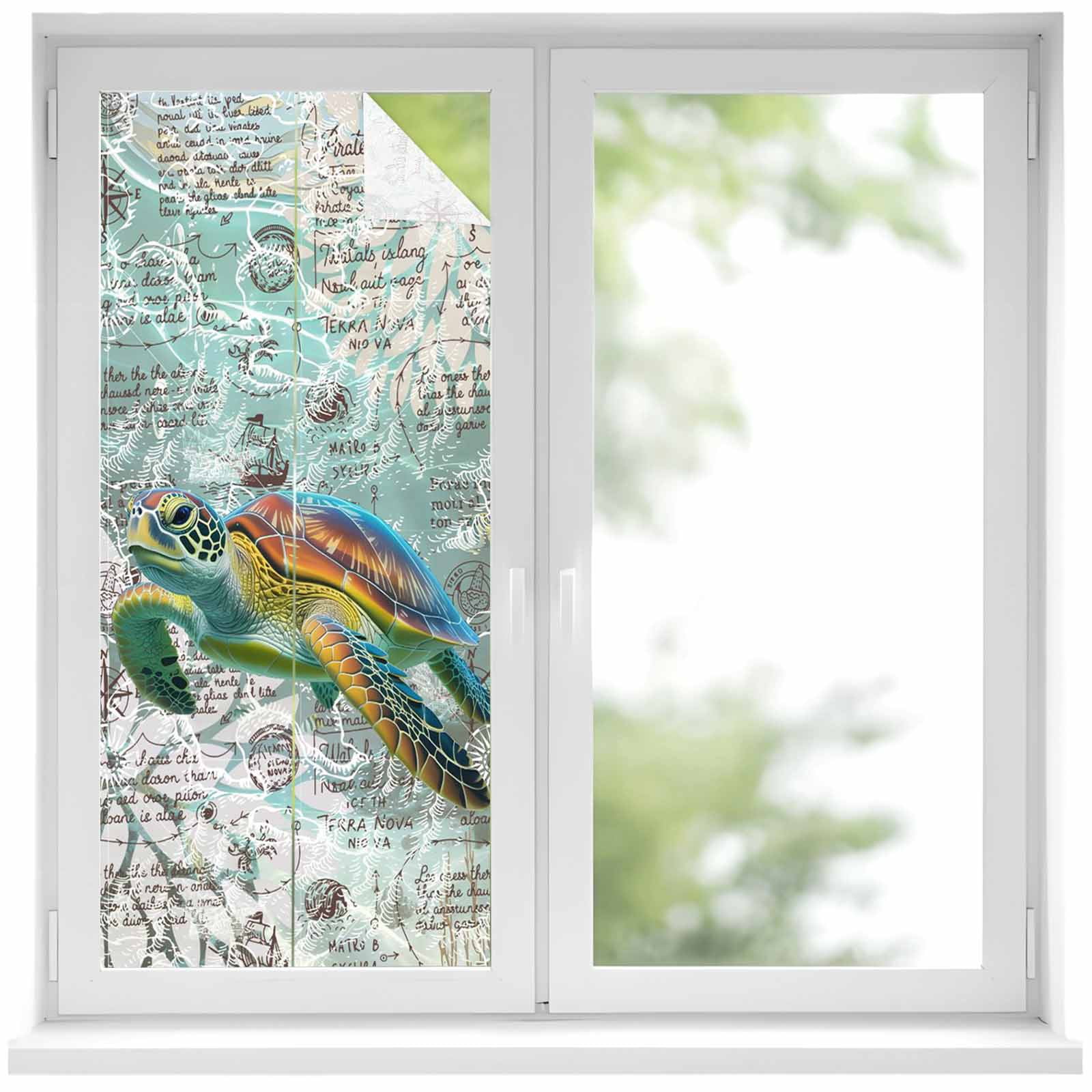 Ocean Turtle Window Privacy Film, Nautical Retro Illustration Map ...