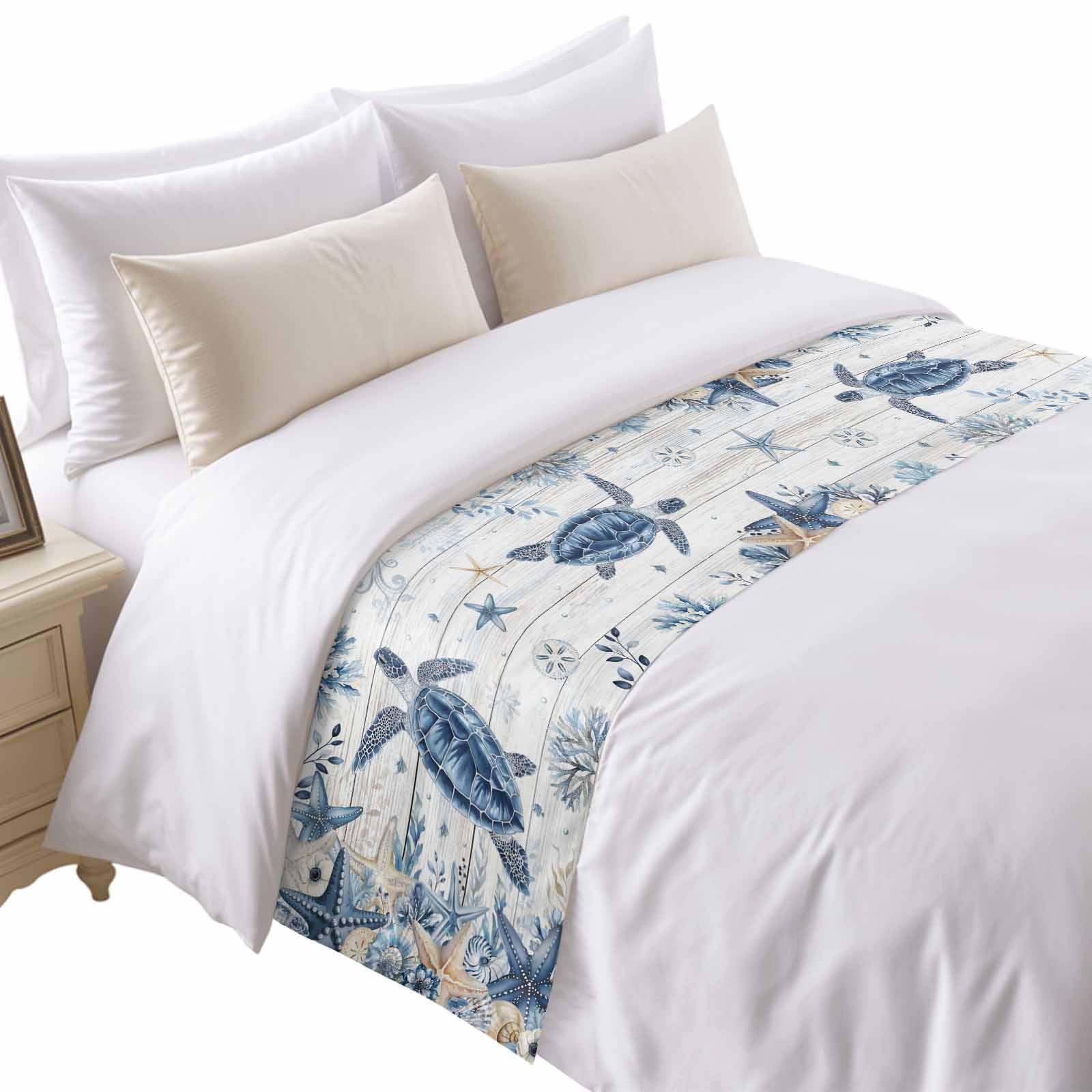 Ocean Turtles Bed Runner for Twin Size Bed, Blue Yellow Sea Star Shell ...