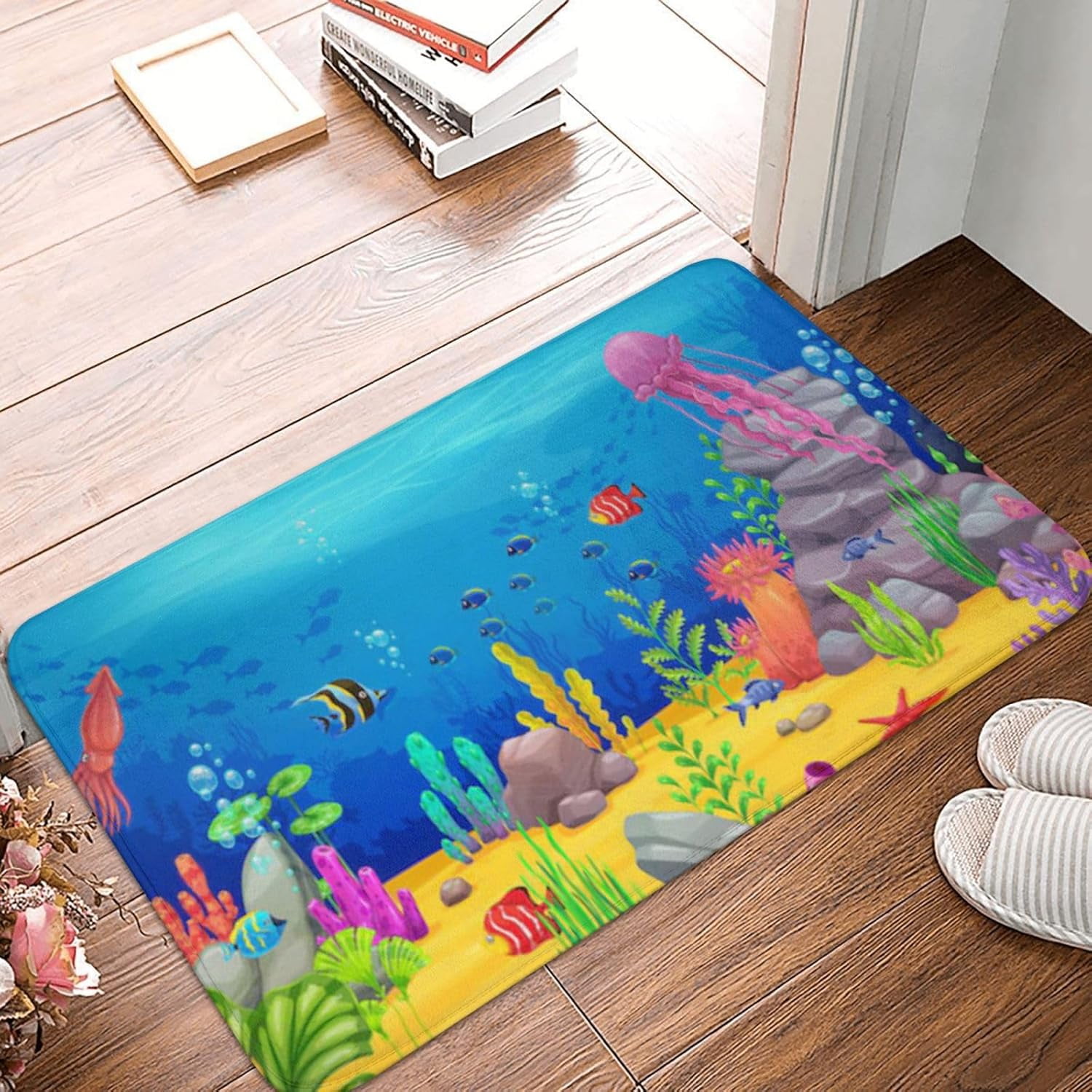 Ocean Under The Sea Bath Rug, Cartoon Underwater World Blue Seabed ...