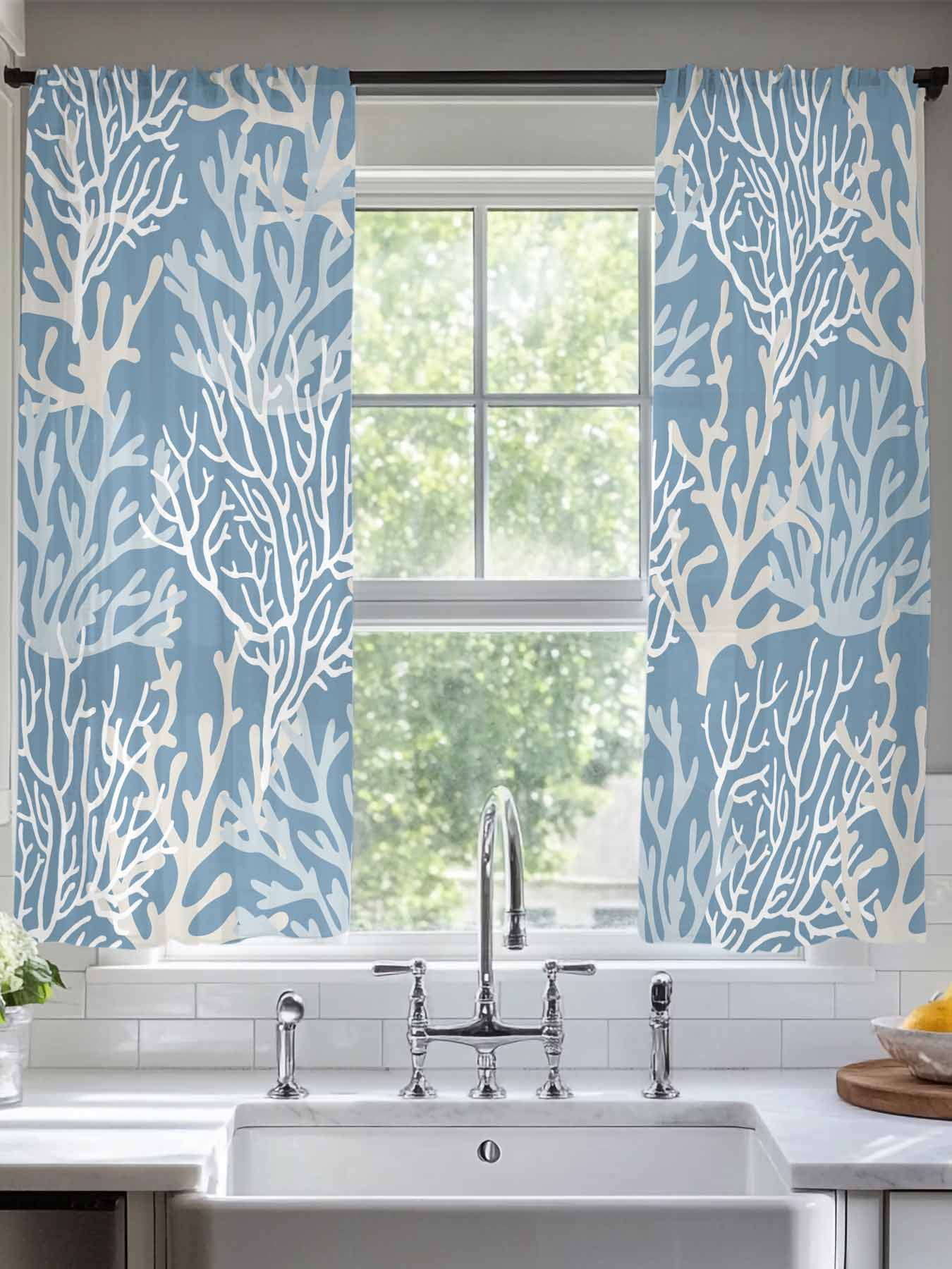 Ocean Undersea Coral Seaweed Chiffon Sheer Curtains 63 Inches Long ...