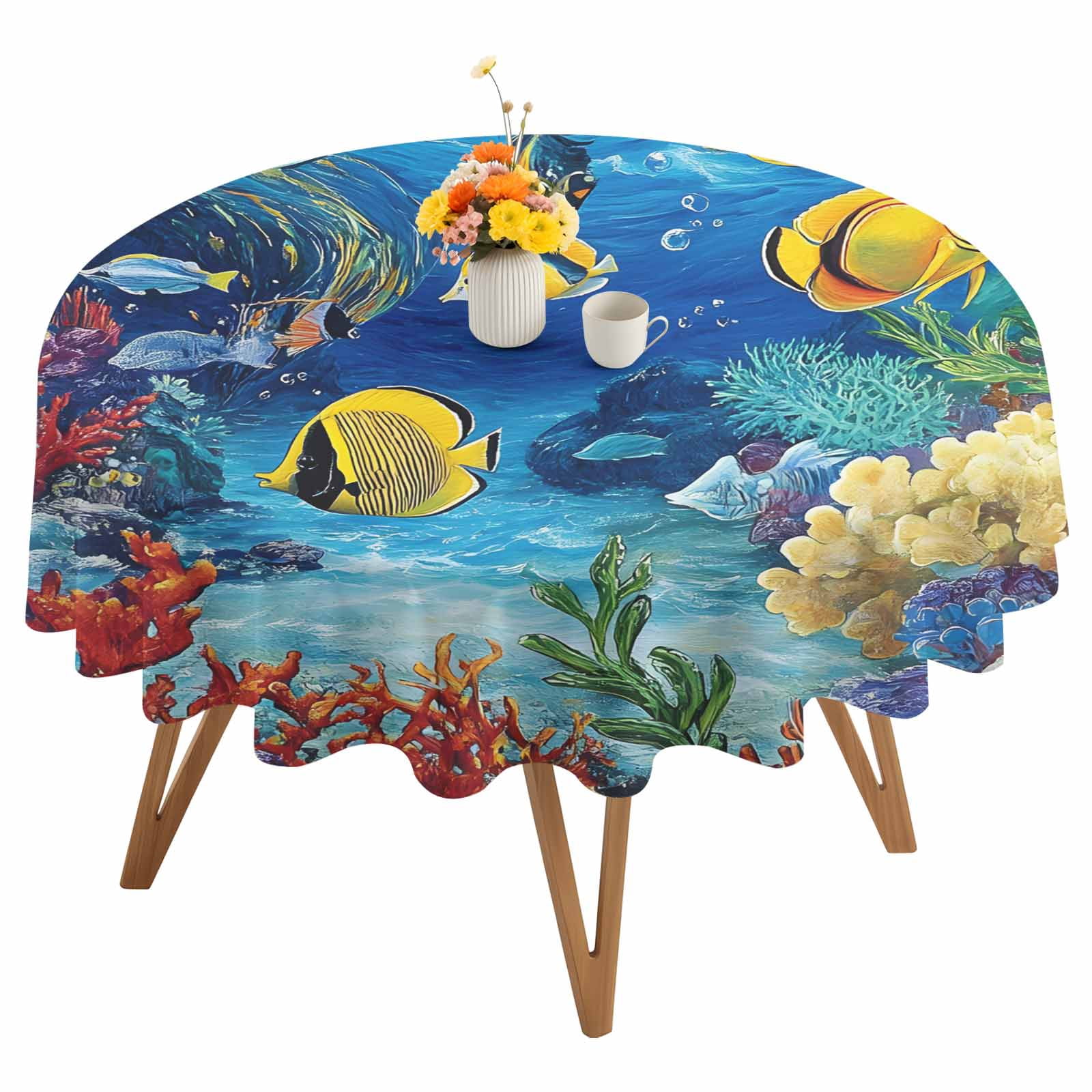 Ocean Underwater Round Tablecloth 54 inches World Tropical Fish Coral ...