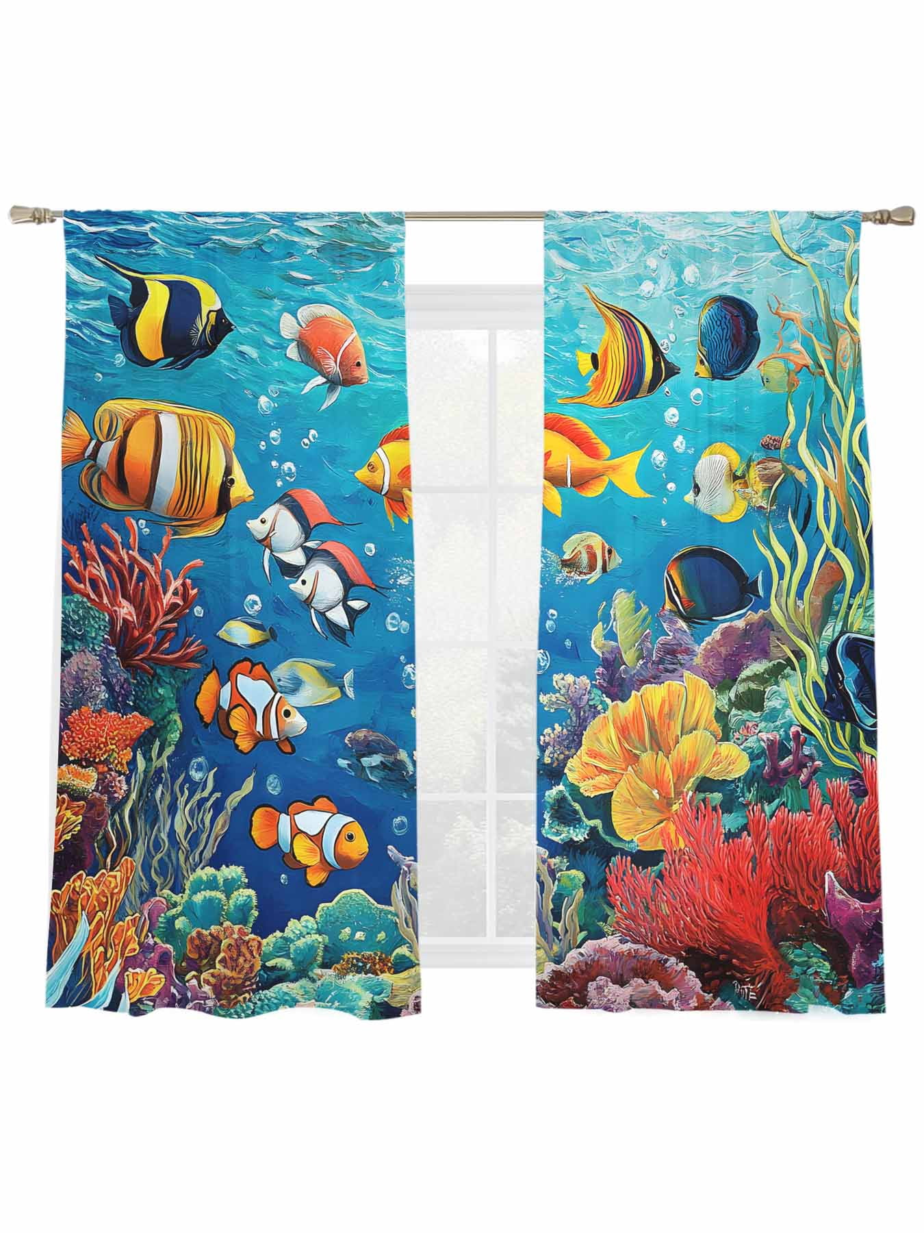 Ocean Underwater Sheer Curtains 63 Inch Long 2 Panels, World Color ...