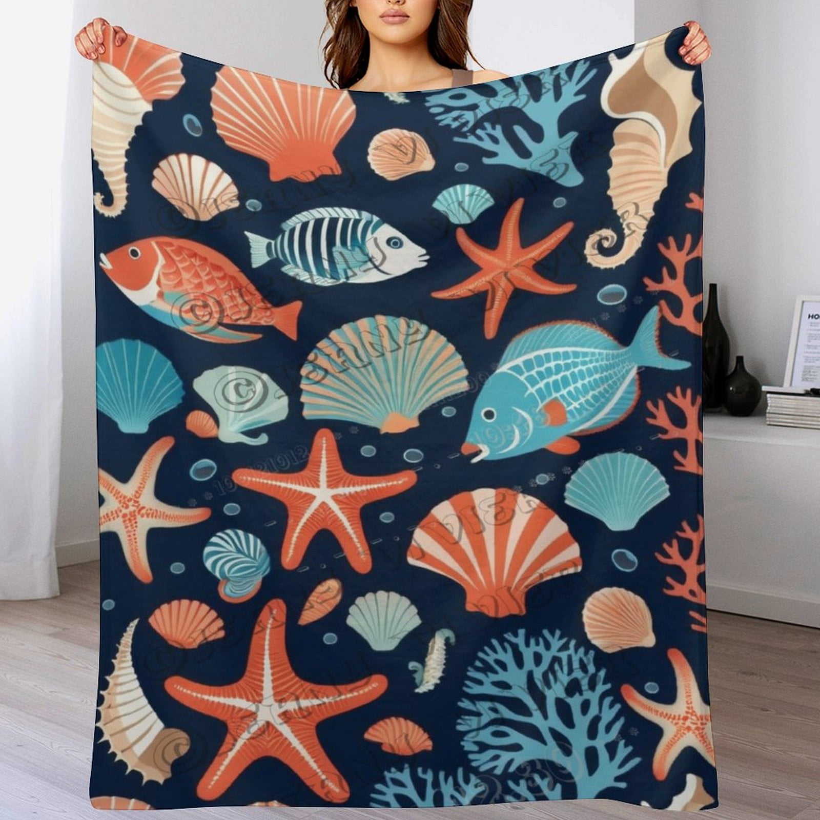 Ocean Underwater World Star Fish Shell Coral Pattern Super Soft Throw ...