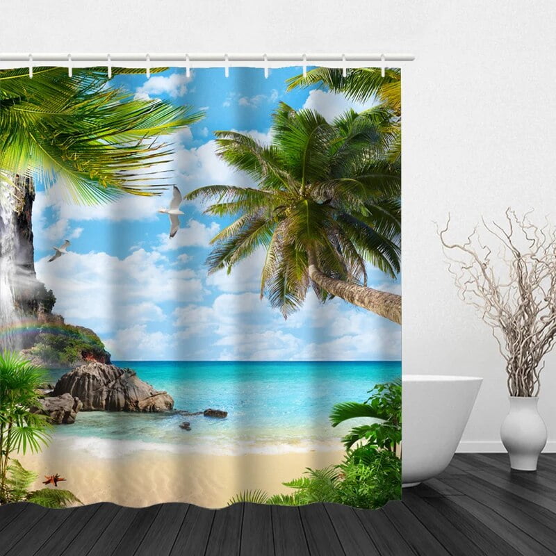 Ocean View Coconut Tree Landscape Hook Waterproof Shower Curtain Home ...