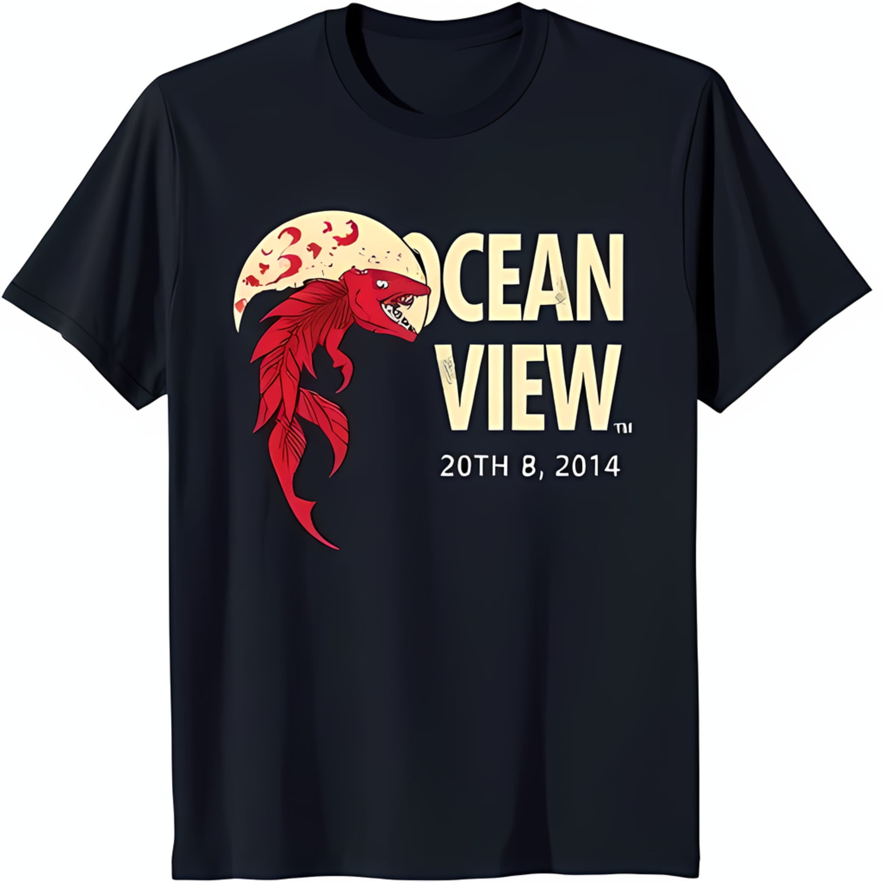 Ocean View Graphic T-Shirt Dark Blue with Red Cartoon Fish Design ...
