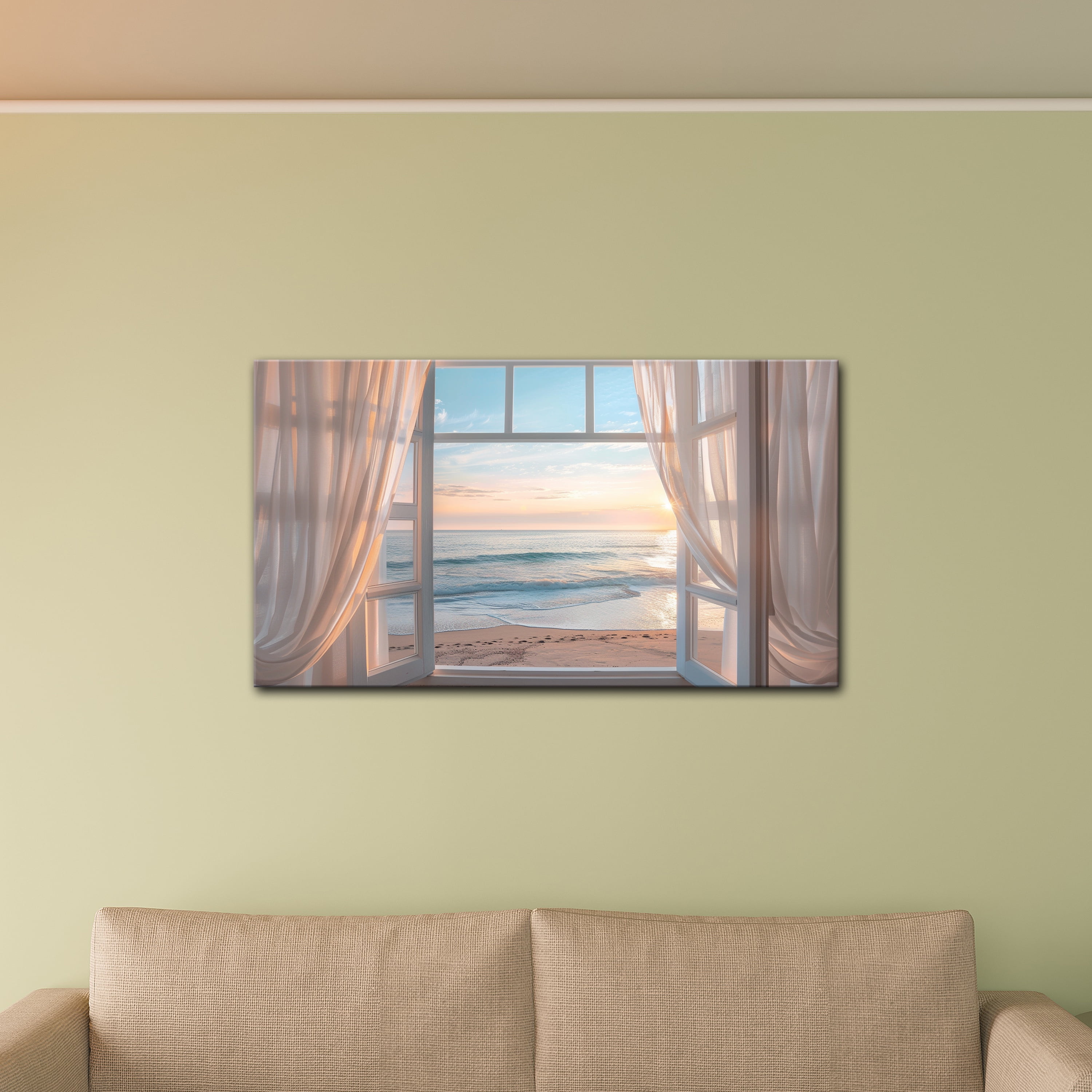 Ocean View Window- Golden Sunlight Over the Seaside Window (16"x24 ...