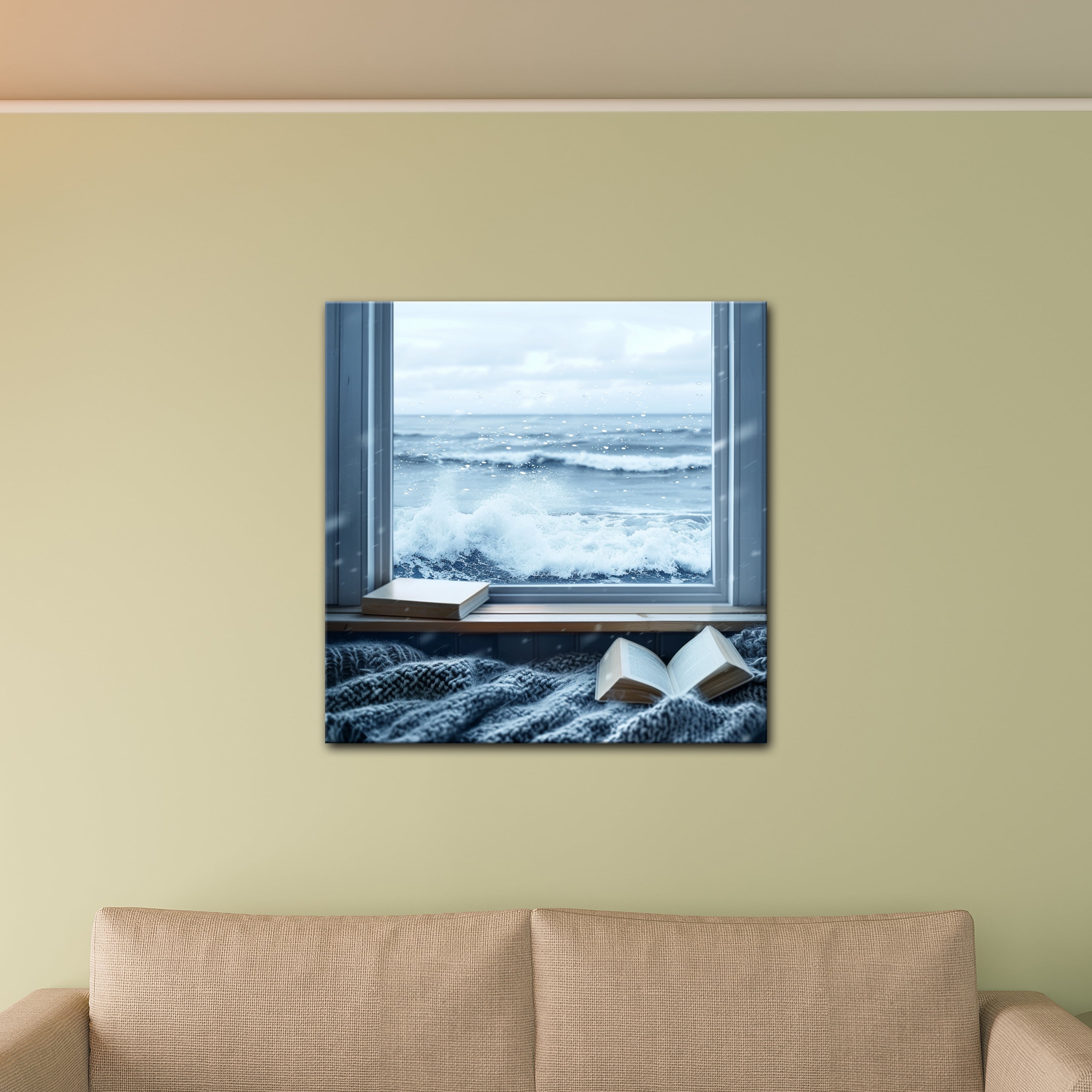 Ocean View Window- Seaside Reading Corner in the Snow (28 "x28 ...
