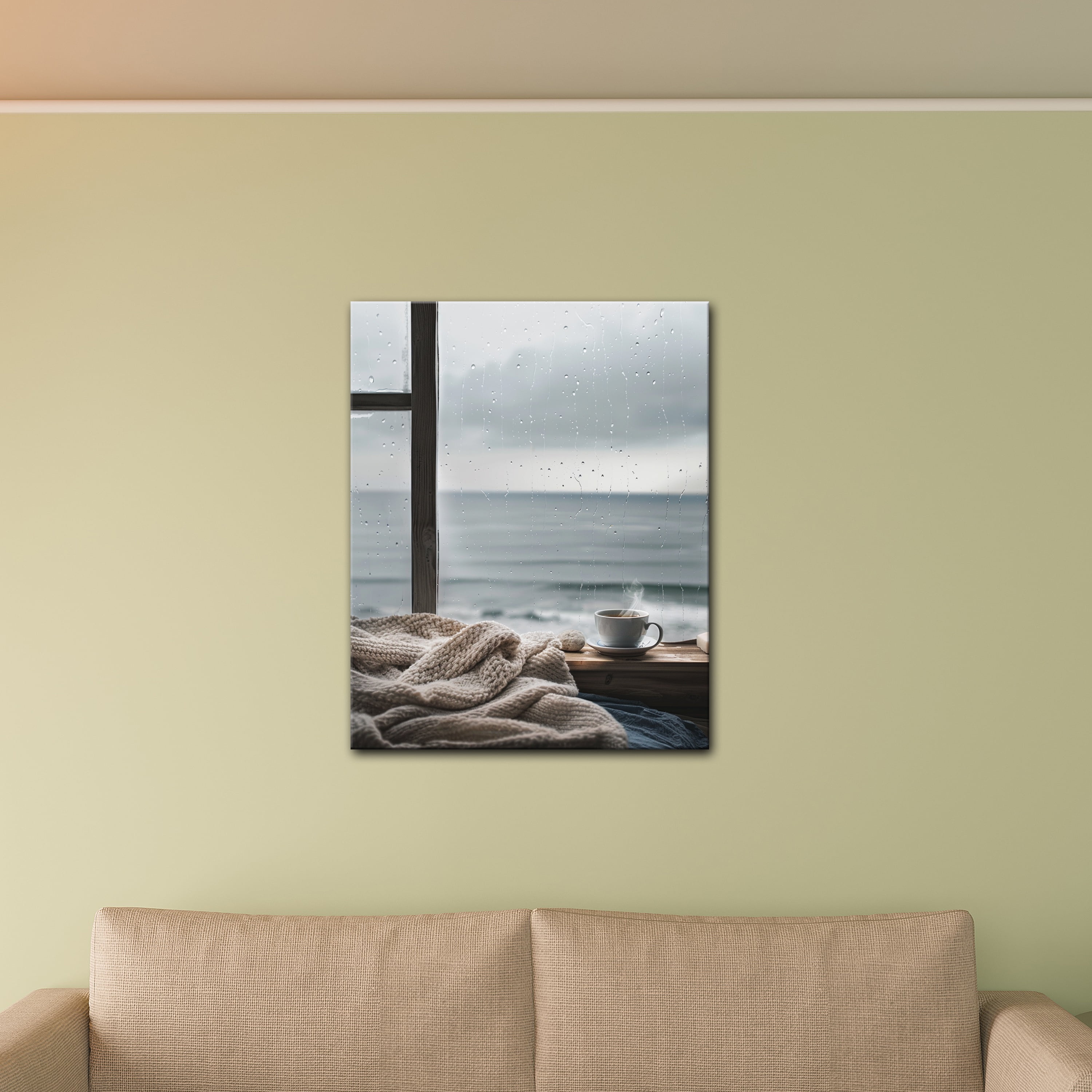 Ocean View Window- Warm Seaside Window with Hot Drink on a Rainy Day (18 "x12" customizable) by ...
