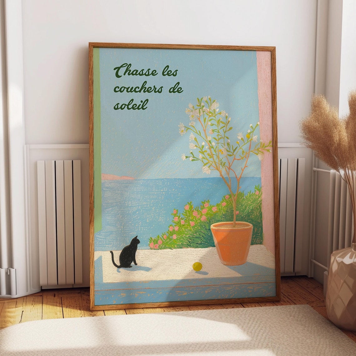 Ocean View With Cat Silhouette Poster - Chase The Sunset French ...