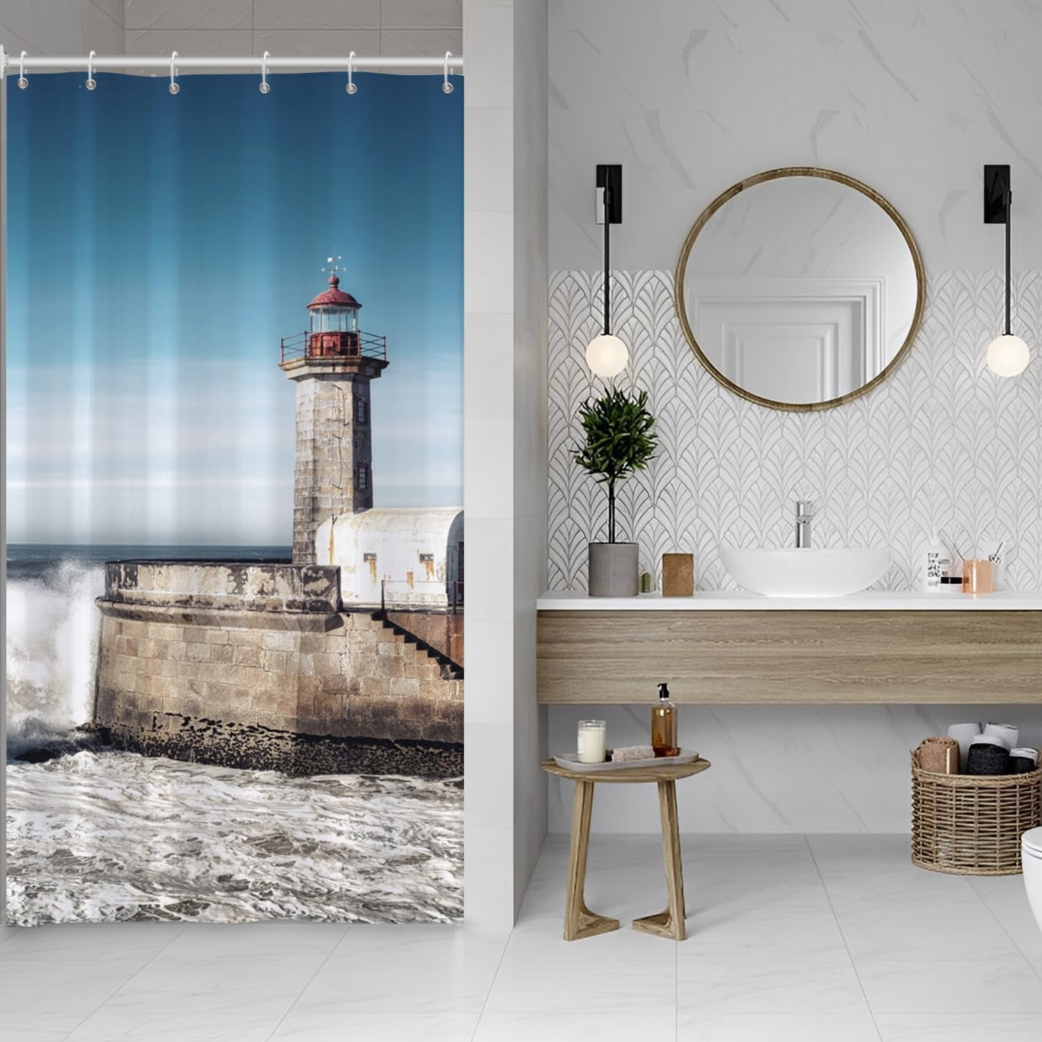 Ocean Watchtower Shower Curtain Blue Sea Wave Navigation Lighthouse ...