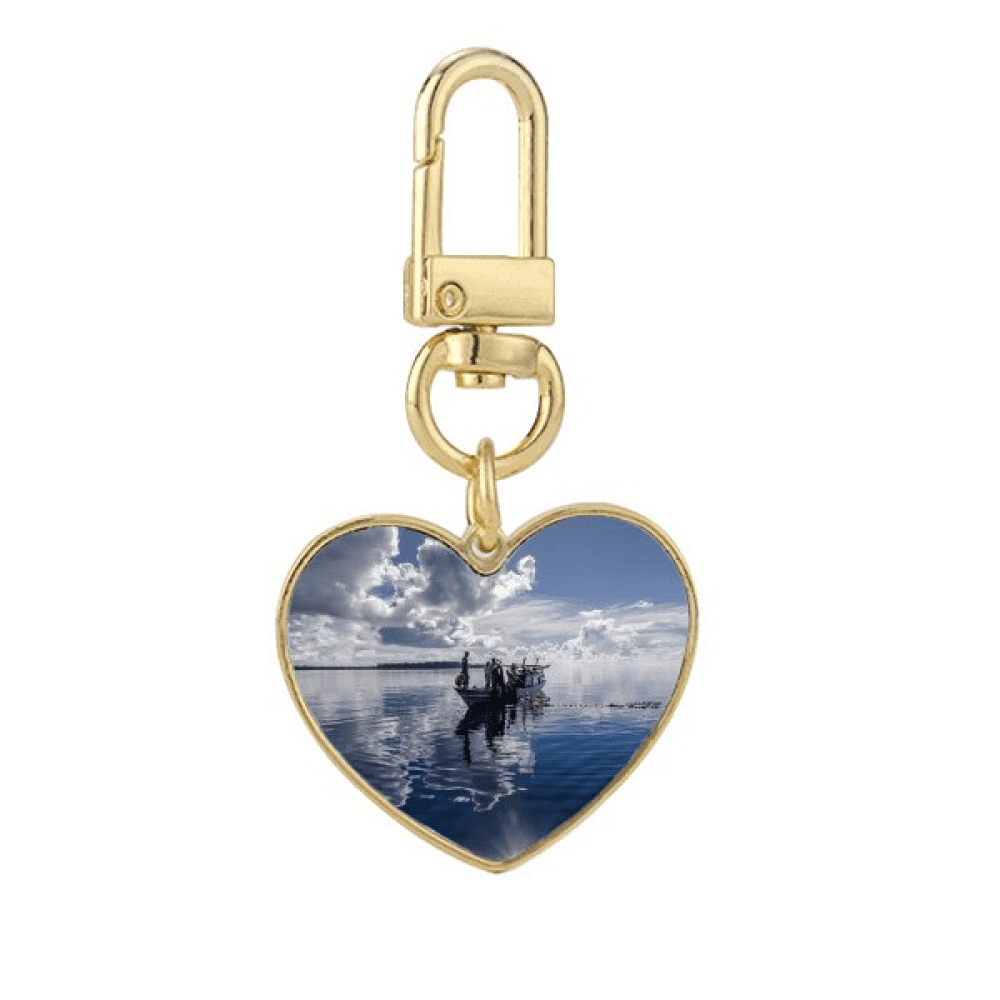 Ocean Water Blue Boat People Picture Gold Heart Keychain Metal Keyring ...