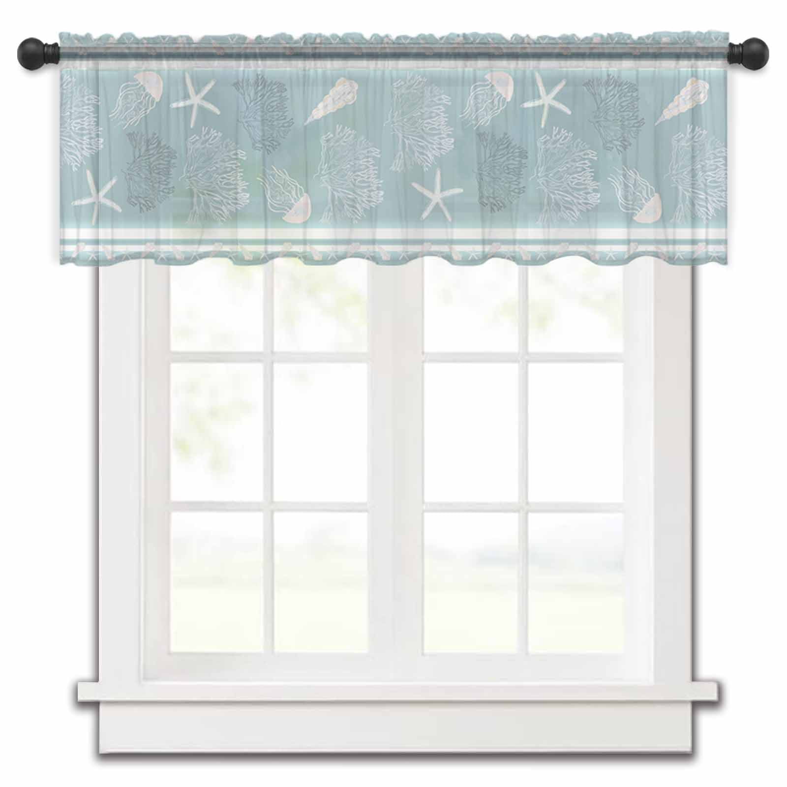 Ocean Watercolor Star Shell Coral Sky Blue Kitchen Sheer Curtains Tulle ...