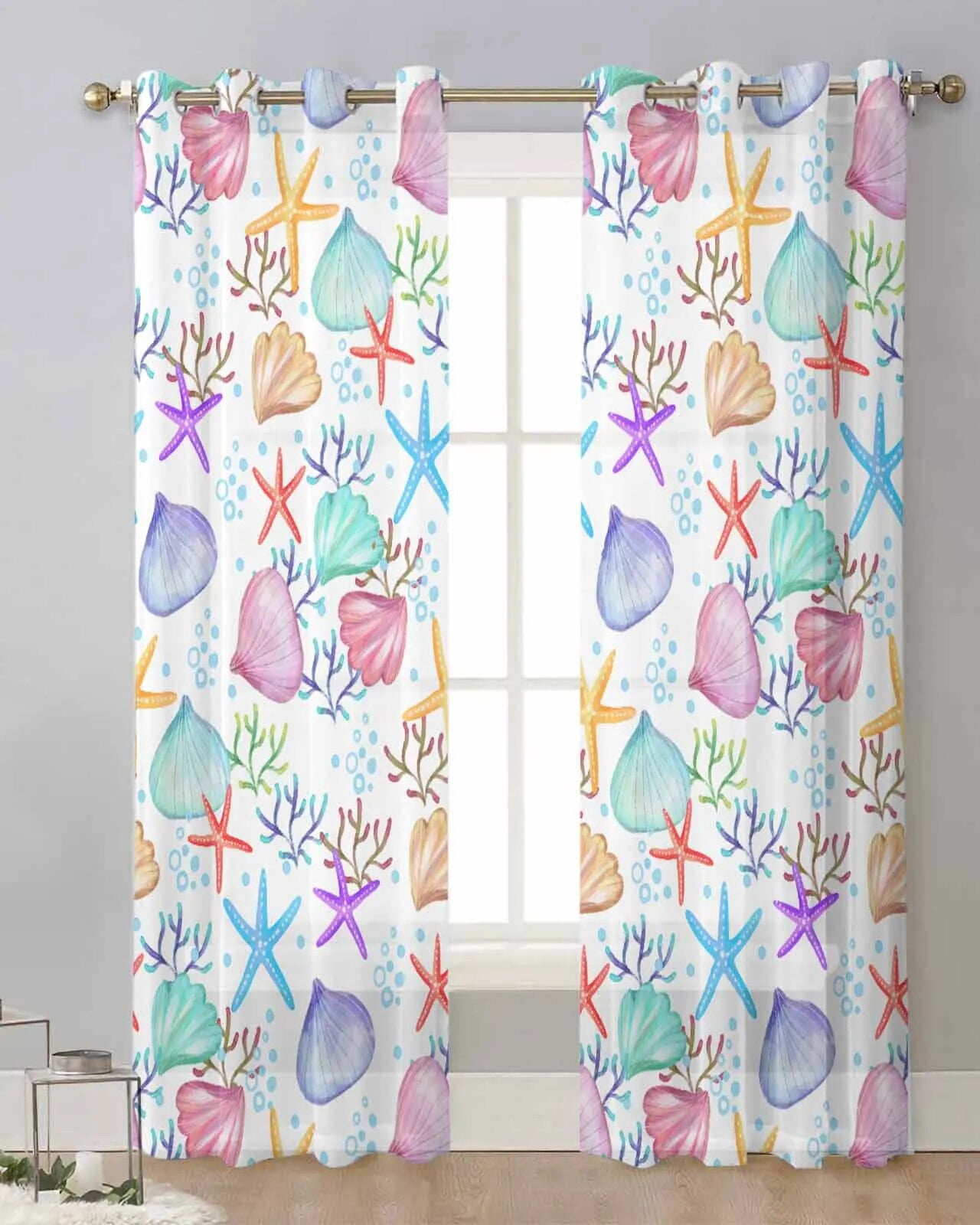 Ocean Watercolor Star Shell Summer Sheer Curtains For Living Room ...