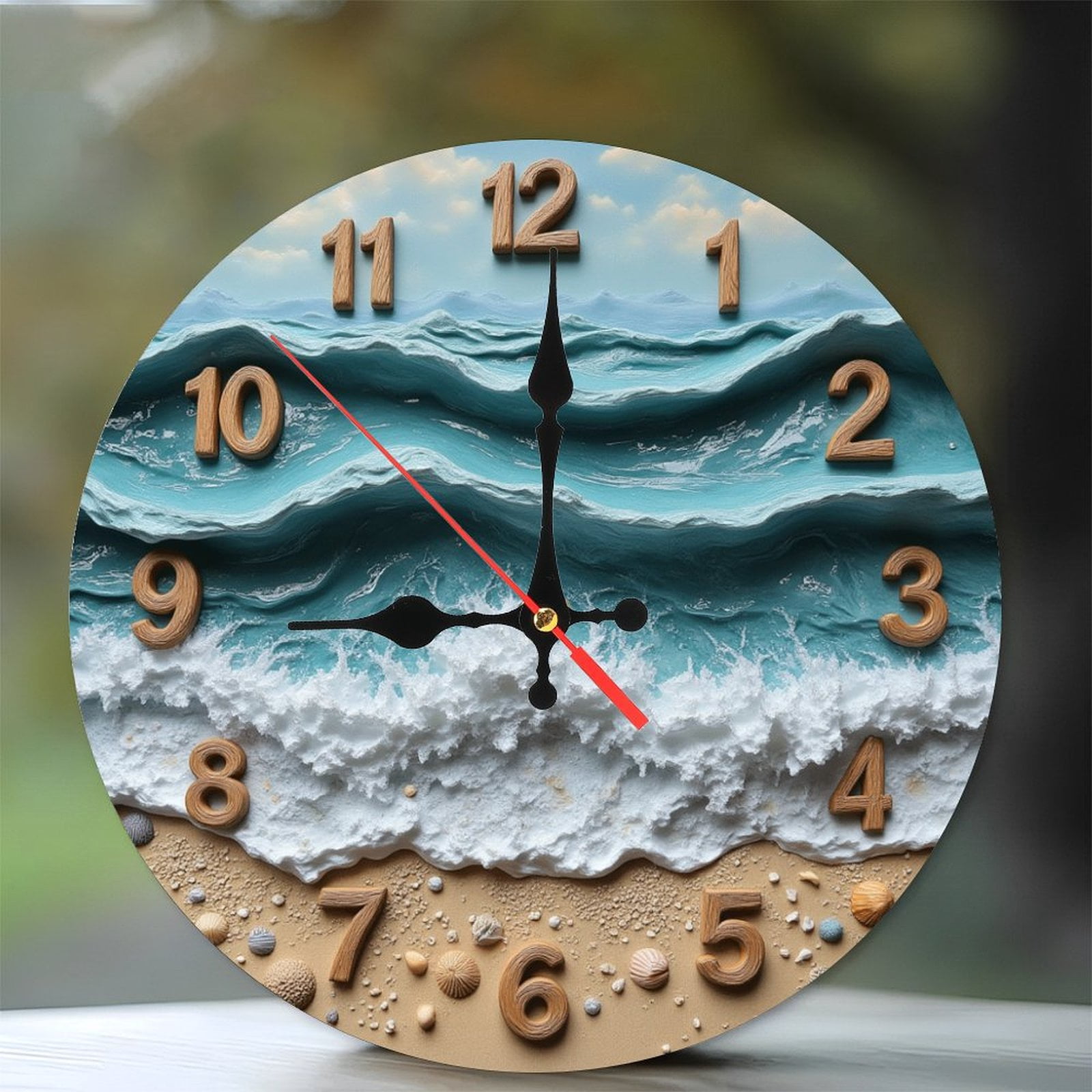 Ocean Wave Beach Seashore Wall Clock Resin Crafts 10-Inch Silent Wooden ...