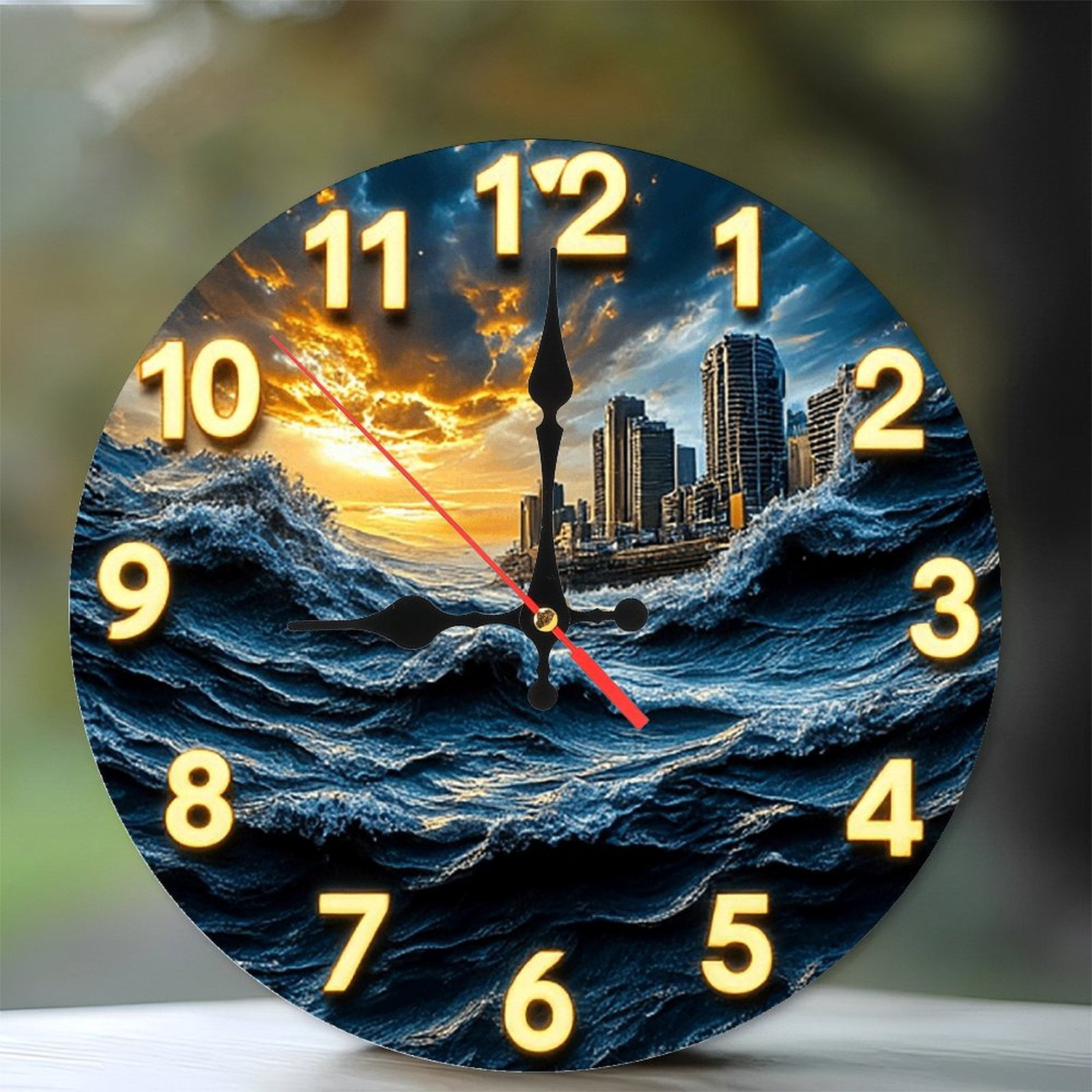 Ocean Wave Cityscape Sunset Wall Clock 10-Inch Silent Wooden Wall Clock, Battery Operated (AA ...