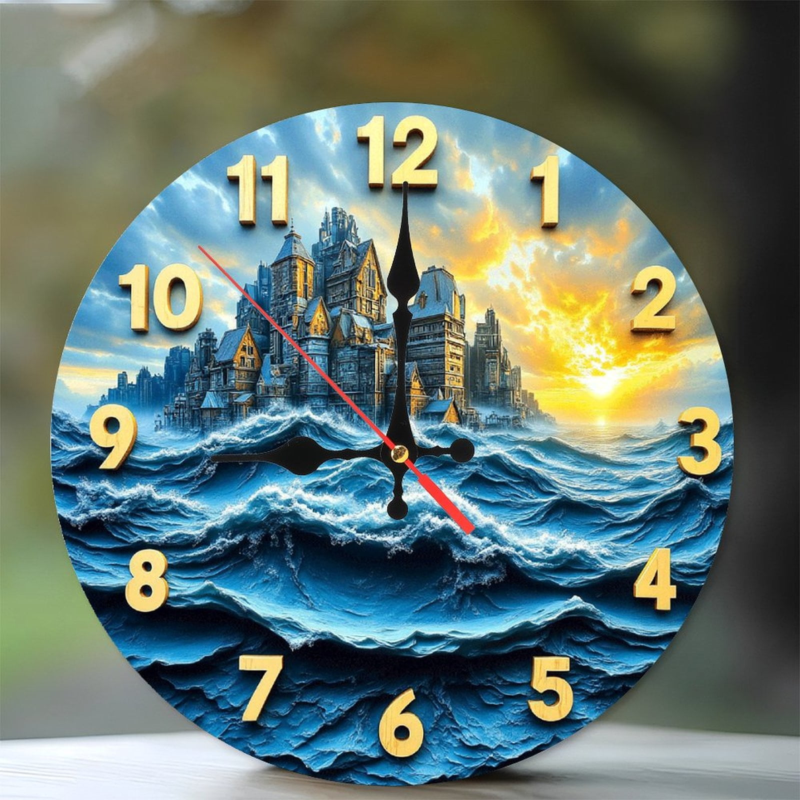 Ocean Wave Cityscape Wall Clock 10-Inch Silent Wooden Wall Clock ...