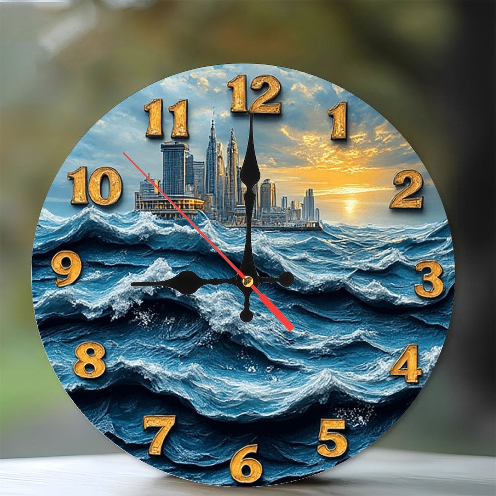 Ocean Wave Cityscape Wall Clock Modern Home Decor 10-Inch Silent Wooden ...