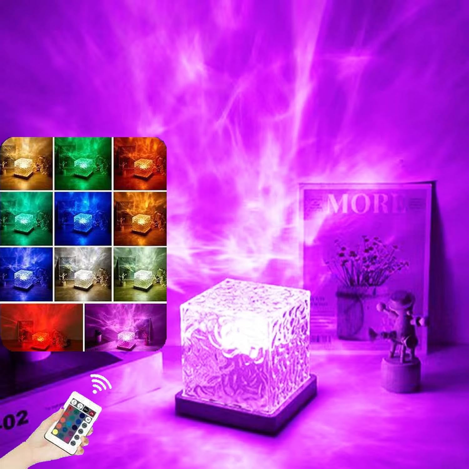 Ocean Wave Cube Lamp, 16 Colors Rotating Flame Water Lamp, Rechargeable ...