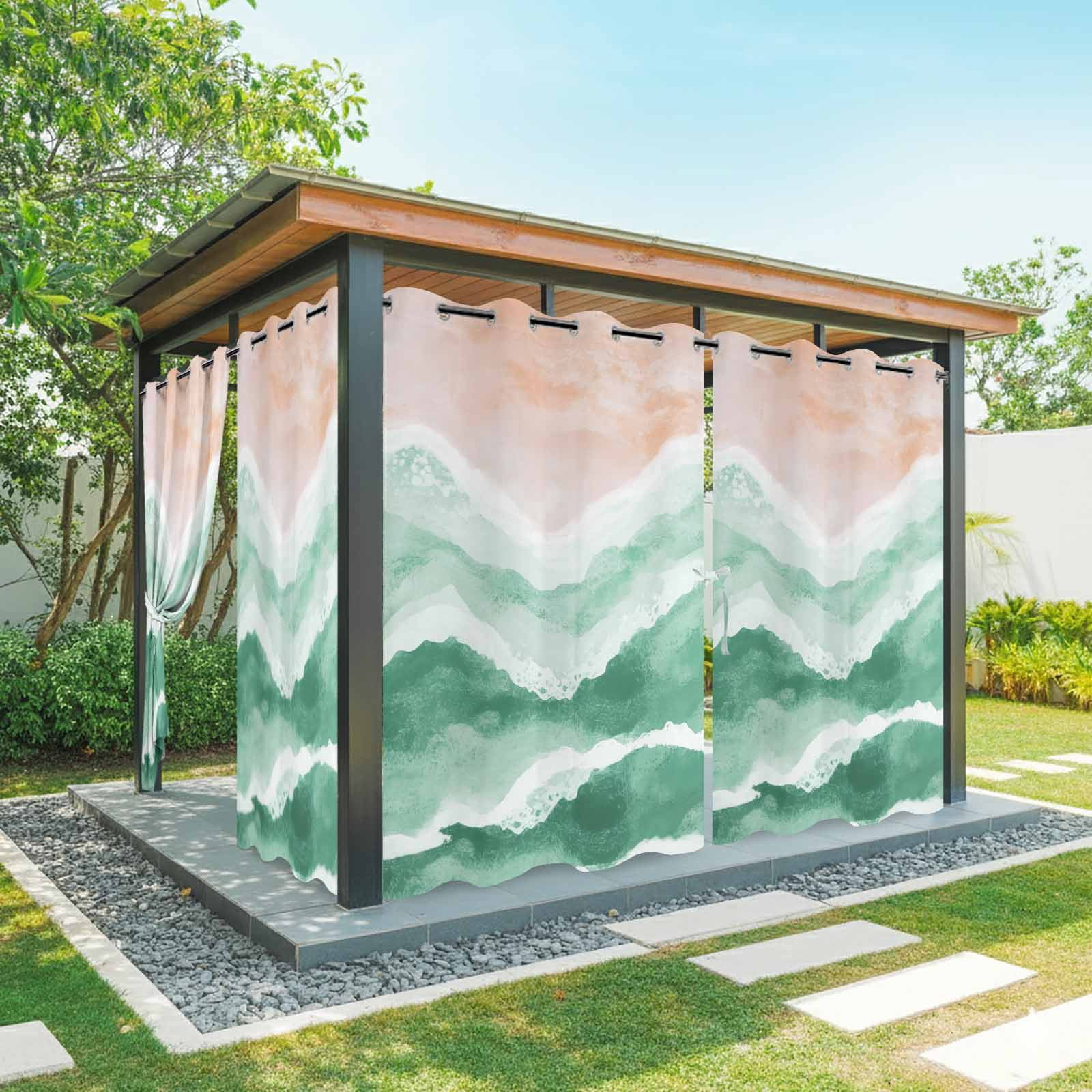 Ocean Wave Outdoor Curtains for Patio Waterproof, Sage Green Gradient ...