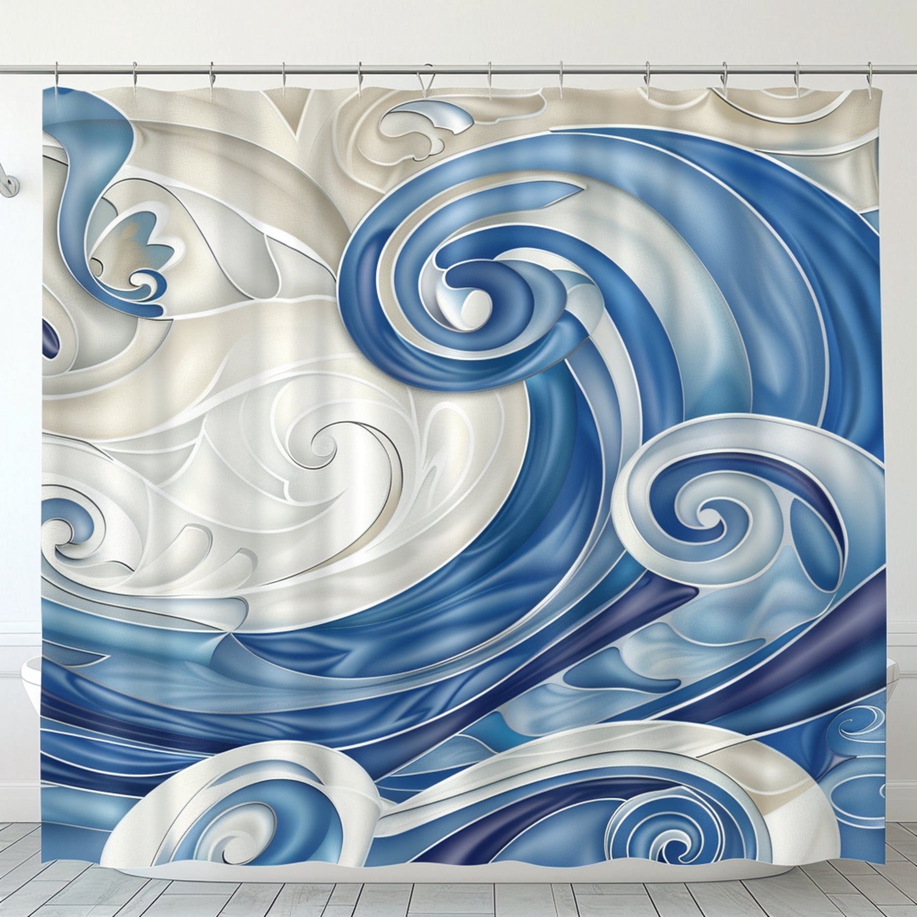 Ocean Wave Patterned Shower Curtain in Blue and White Sculptural ...