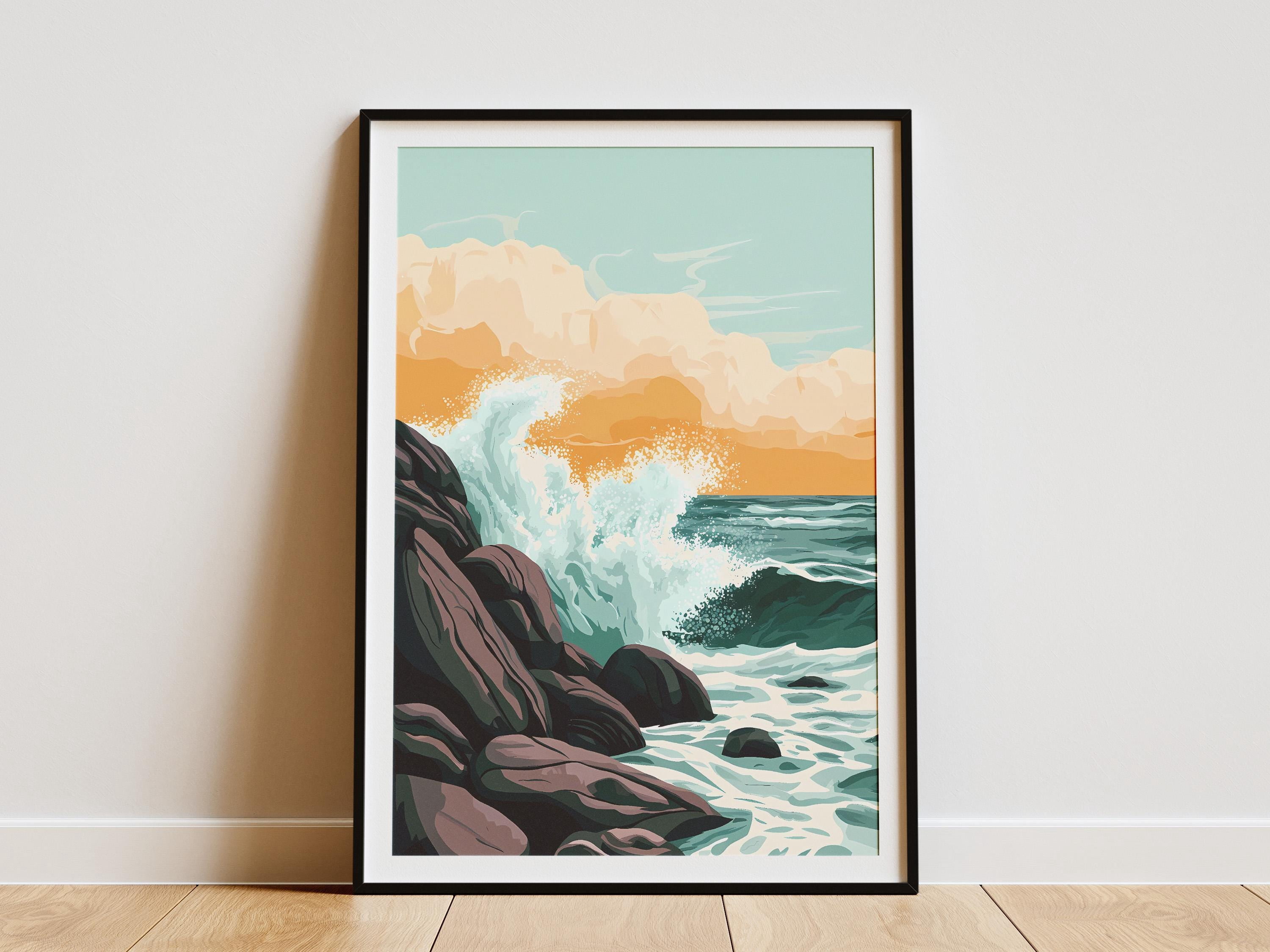 Ocean Wave Poster Dramatic Coastal Scene Teal and Orange Beach Art ...
