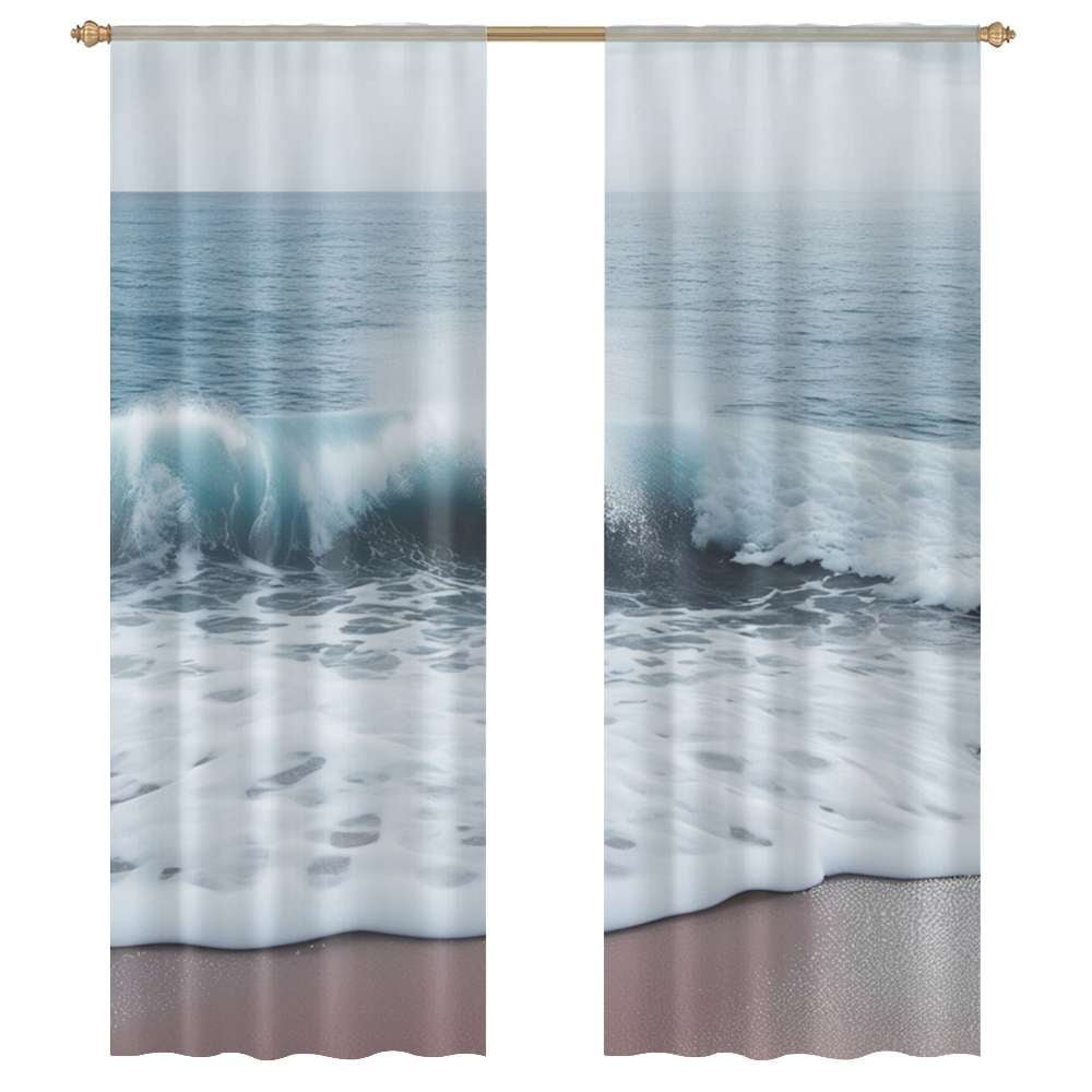 Ocean Wave Print Sheer Voile Curtain Window Tulle Curtains For Living ...