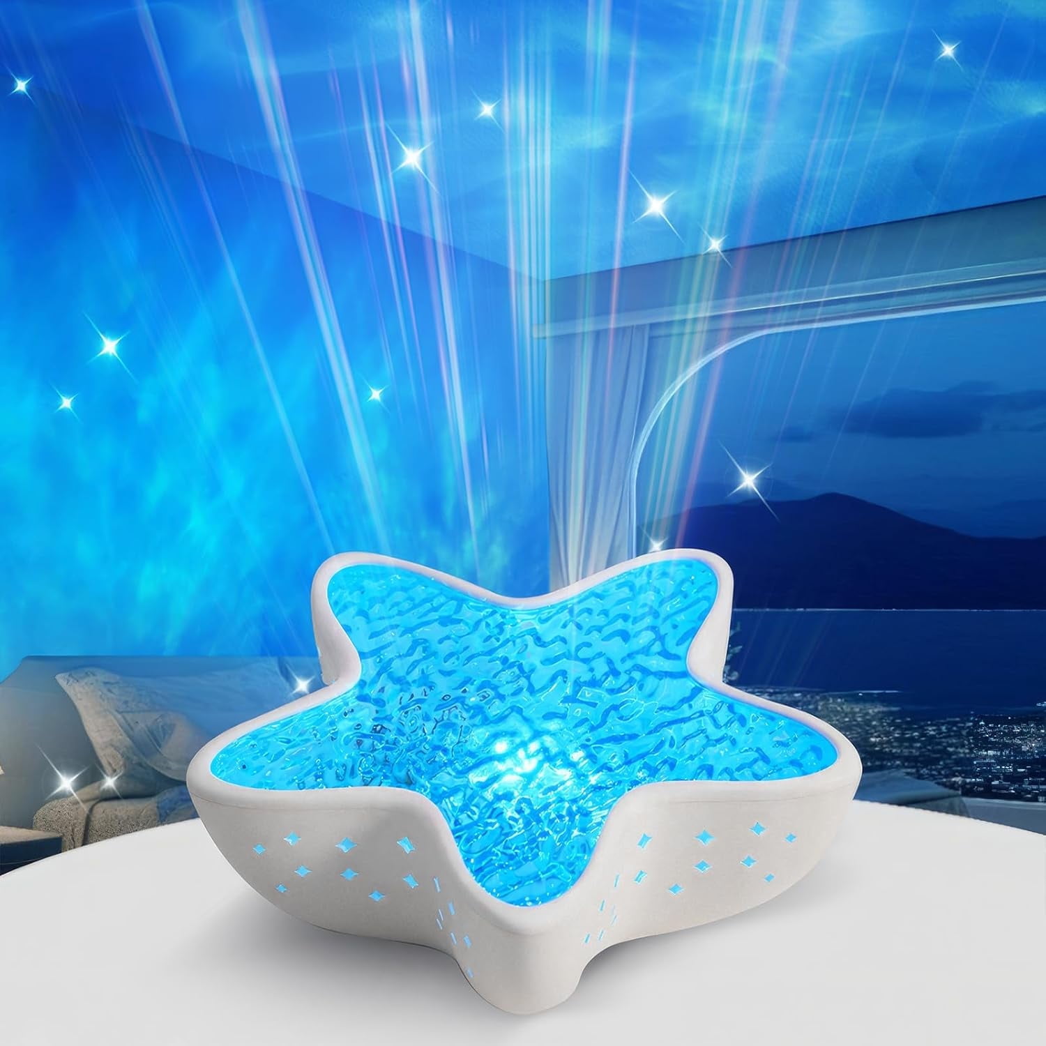 Ocean Wave Projector Light, 7 Colors Rechargeable Starfish Night Light ...