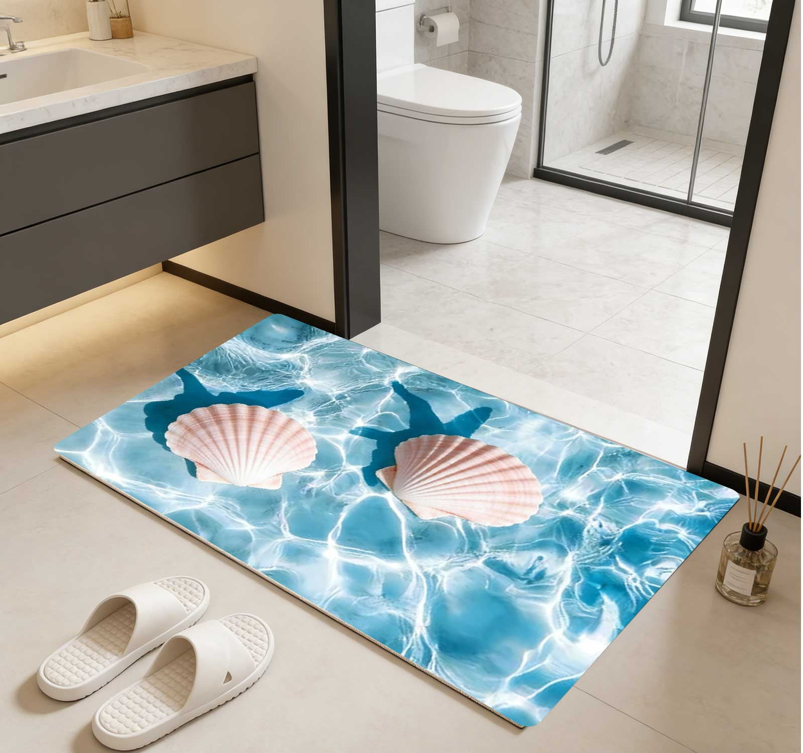 Ocean Wave & Seashell Floor Mat - Water Absorbent, Non-Slip, Wear ...