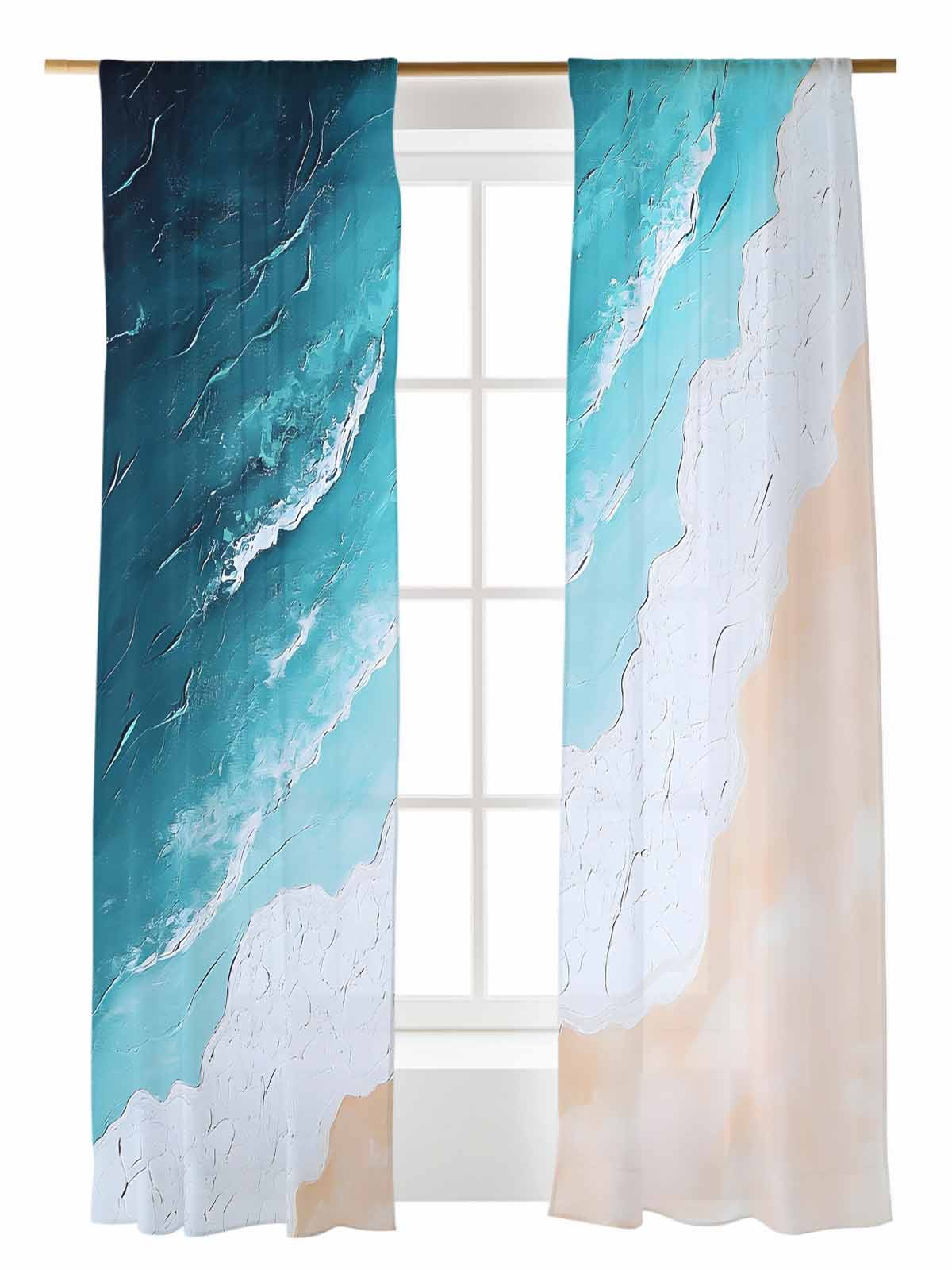 Ocean Wave Sheer Curtains 108 Inch Long 2 Panels, Summer Beach Blue ...
