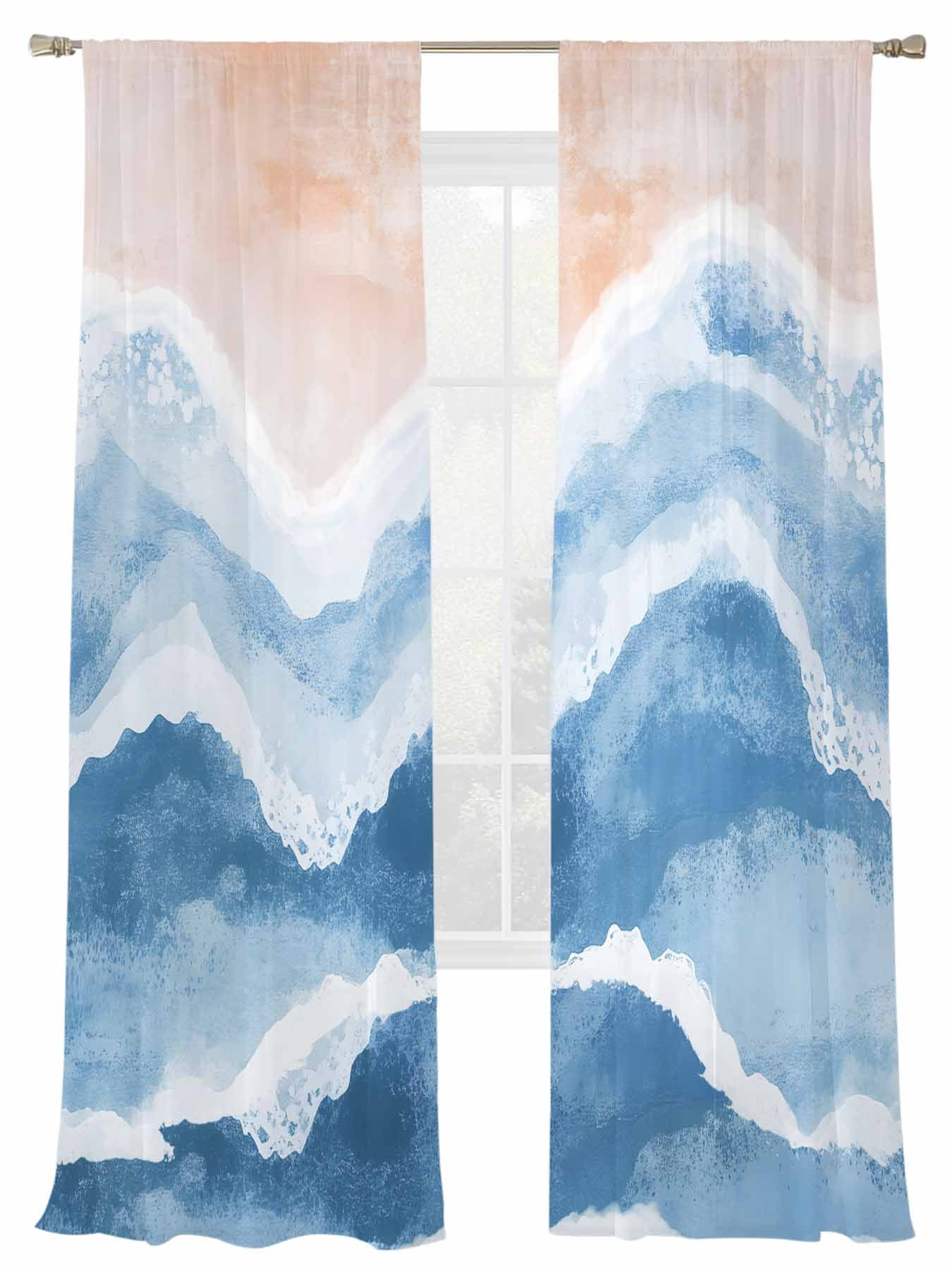 Ocean Wave Sheer Curtains 84 inches Long 2 Panels Set Lake Blue ...
