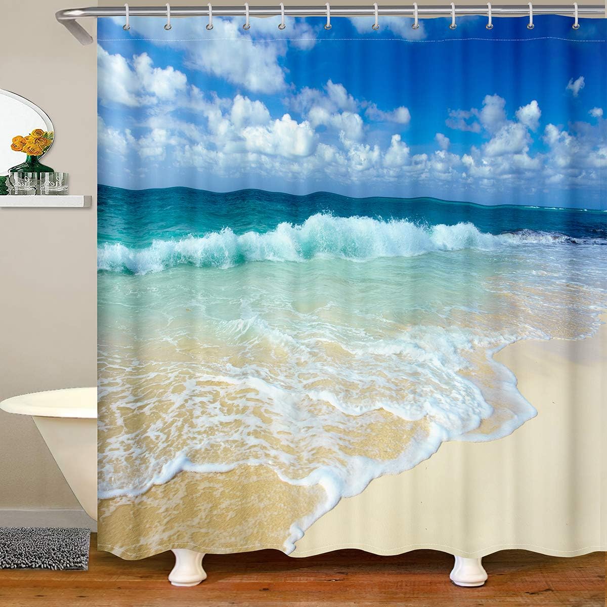 Ocean Wave Shower Curtain for Kids Boys Girls Teens Beach with Foamy Waves Bath Curtain Hawaiian ...