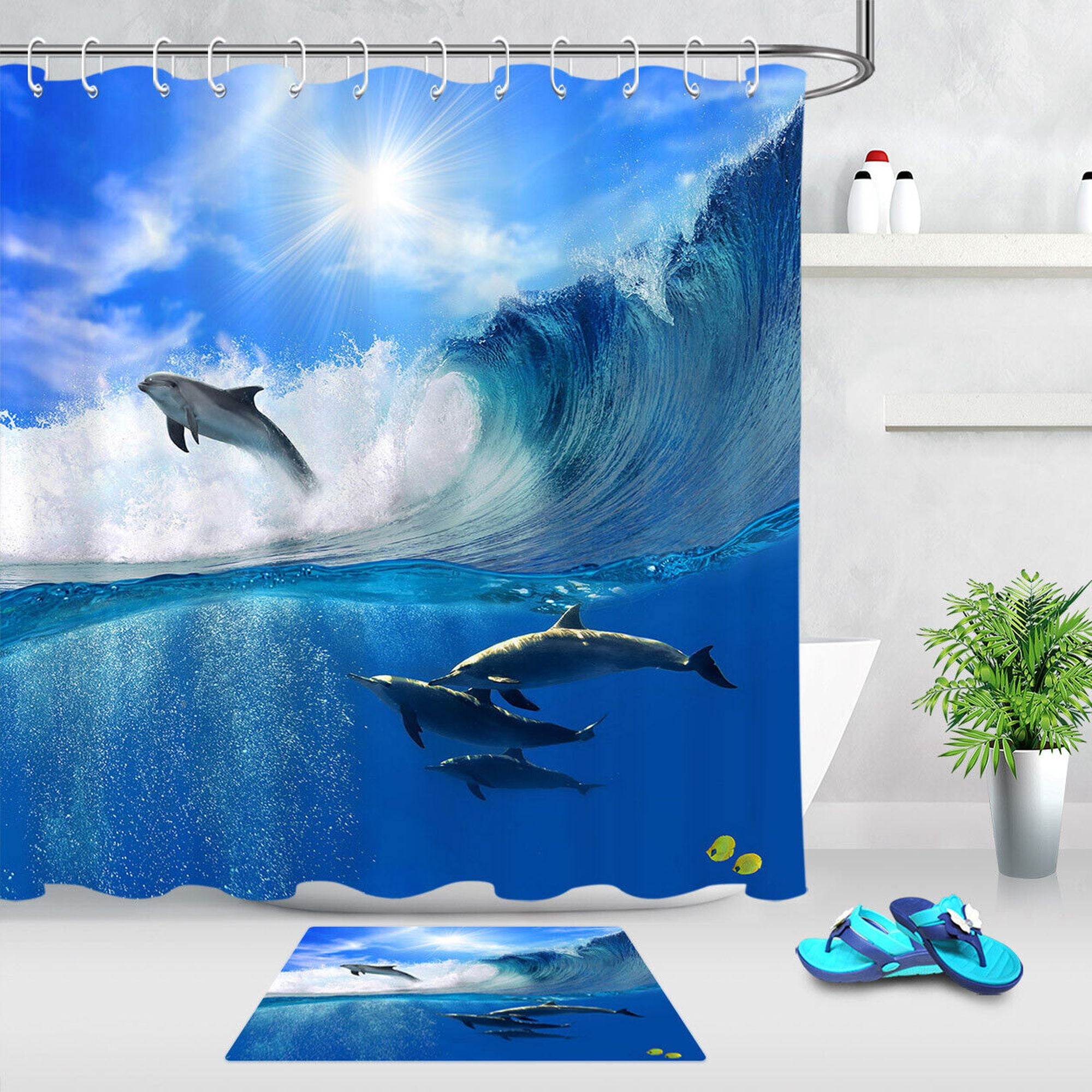 Ocean Wave Shower Curtain Set - Fabric with Hooks - for Beach-Themed ...