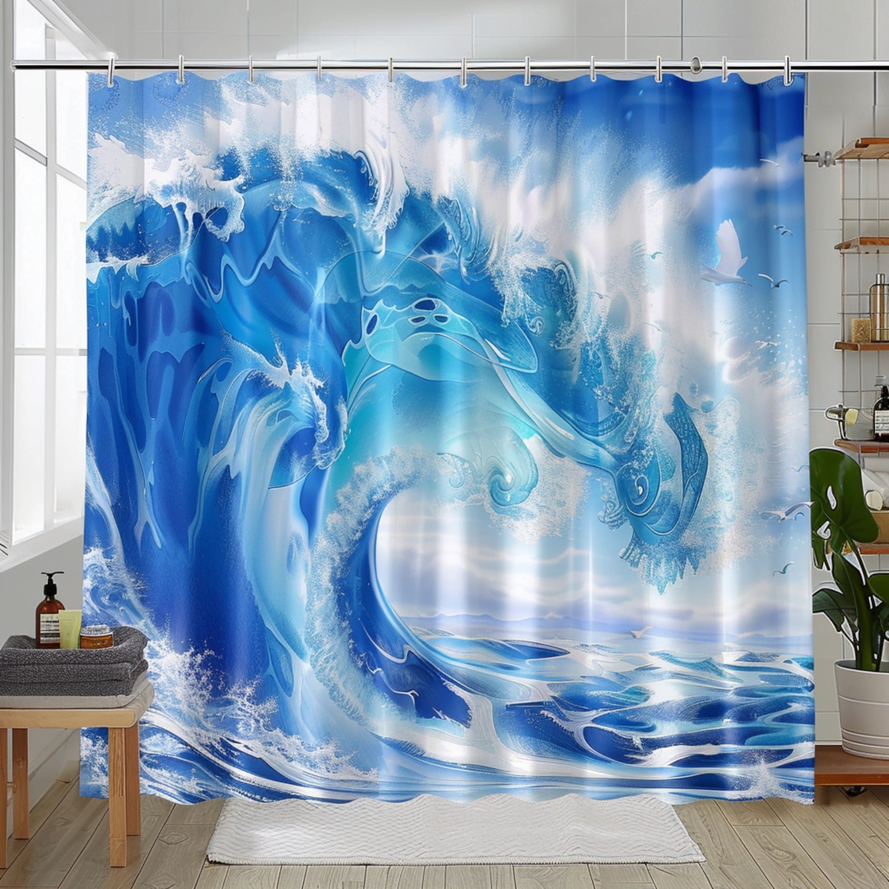 Ocean Wave Shower Curtain in White and Blue HighQuality Print Realistic ...