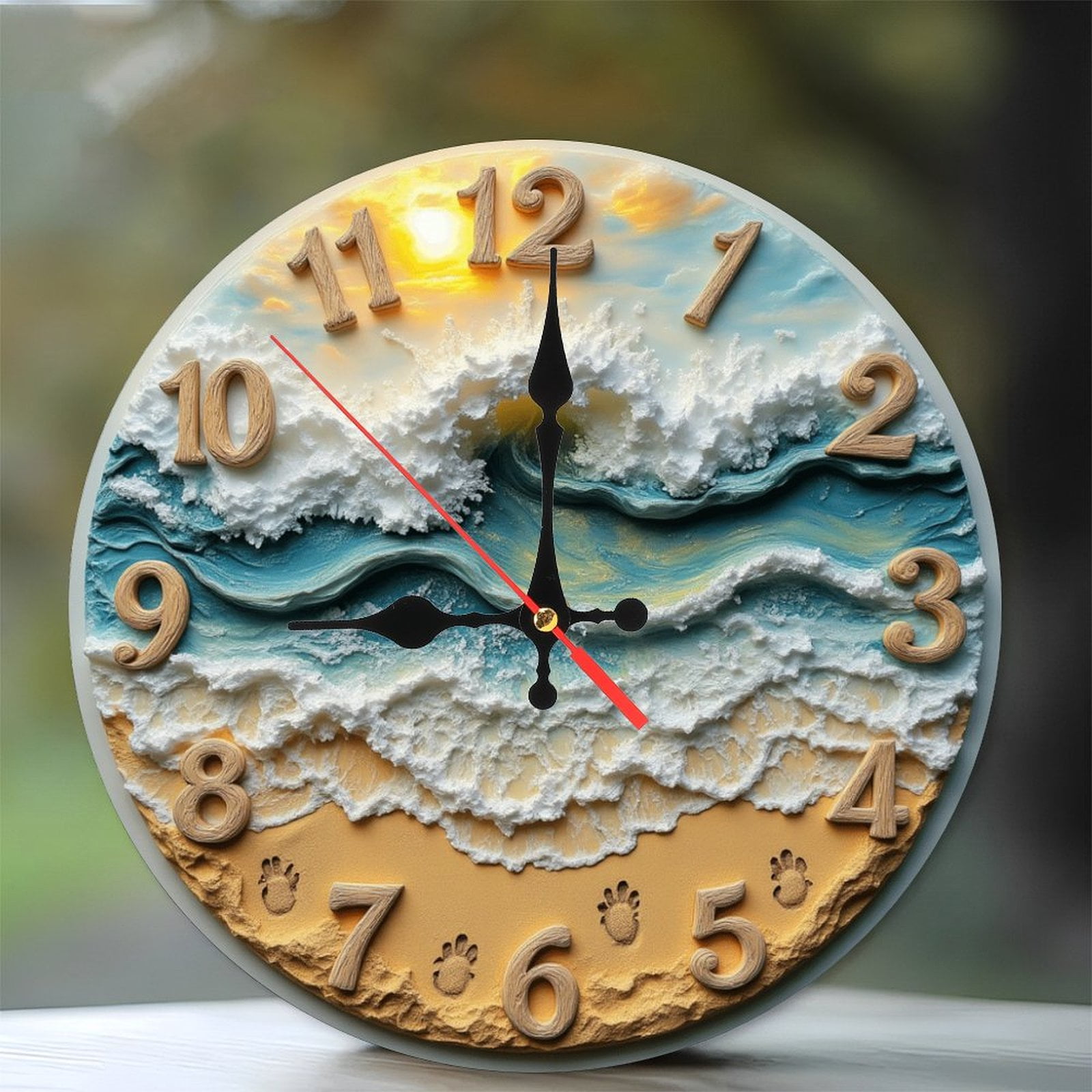 Ocean Wave Sunset Beach Wall Clock 2D Resin Art 10-Inch Silent Wooden ...