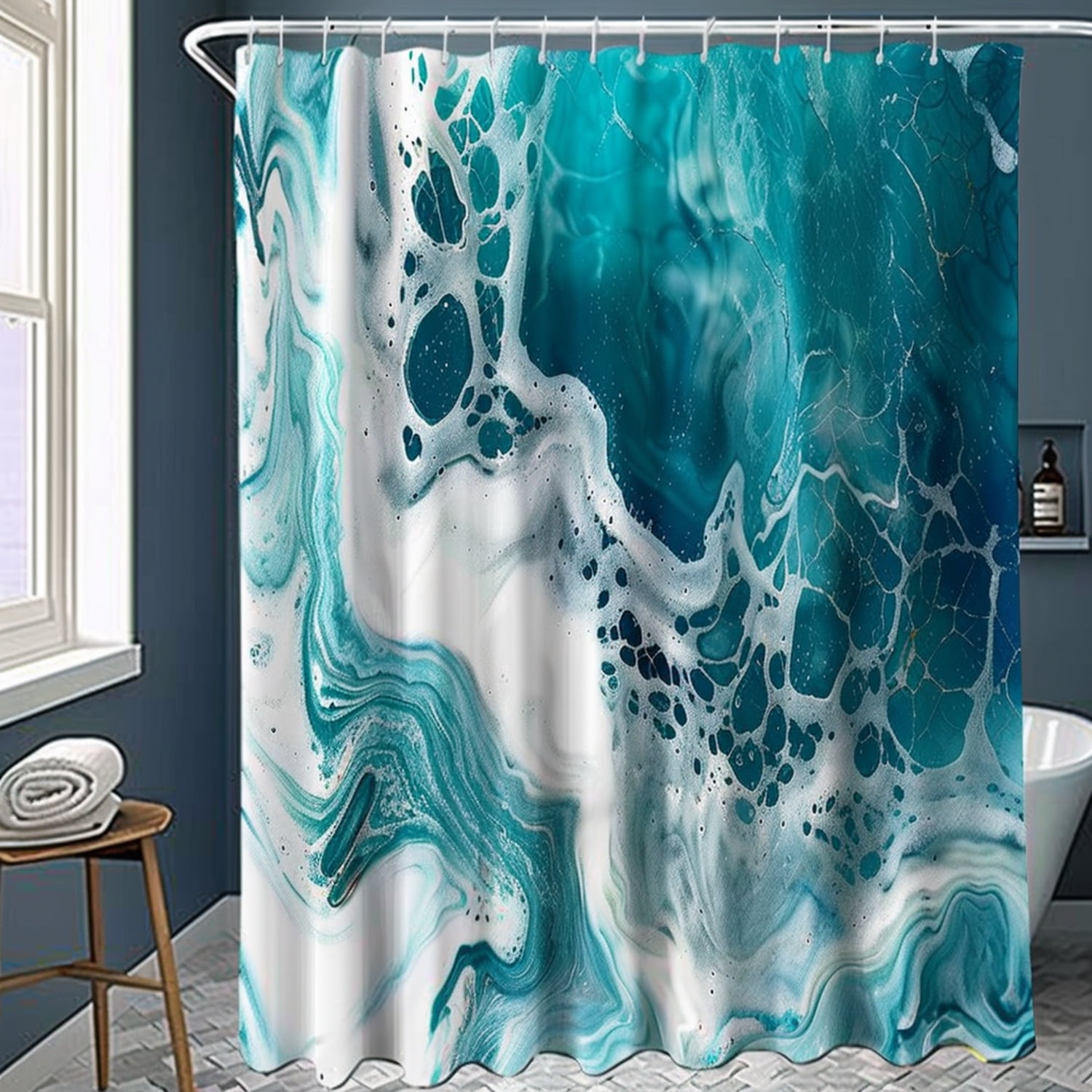 Ocean Wave Teal and White Bathroom Shower Curtain with Swirly Marble ...