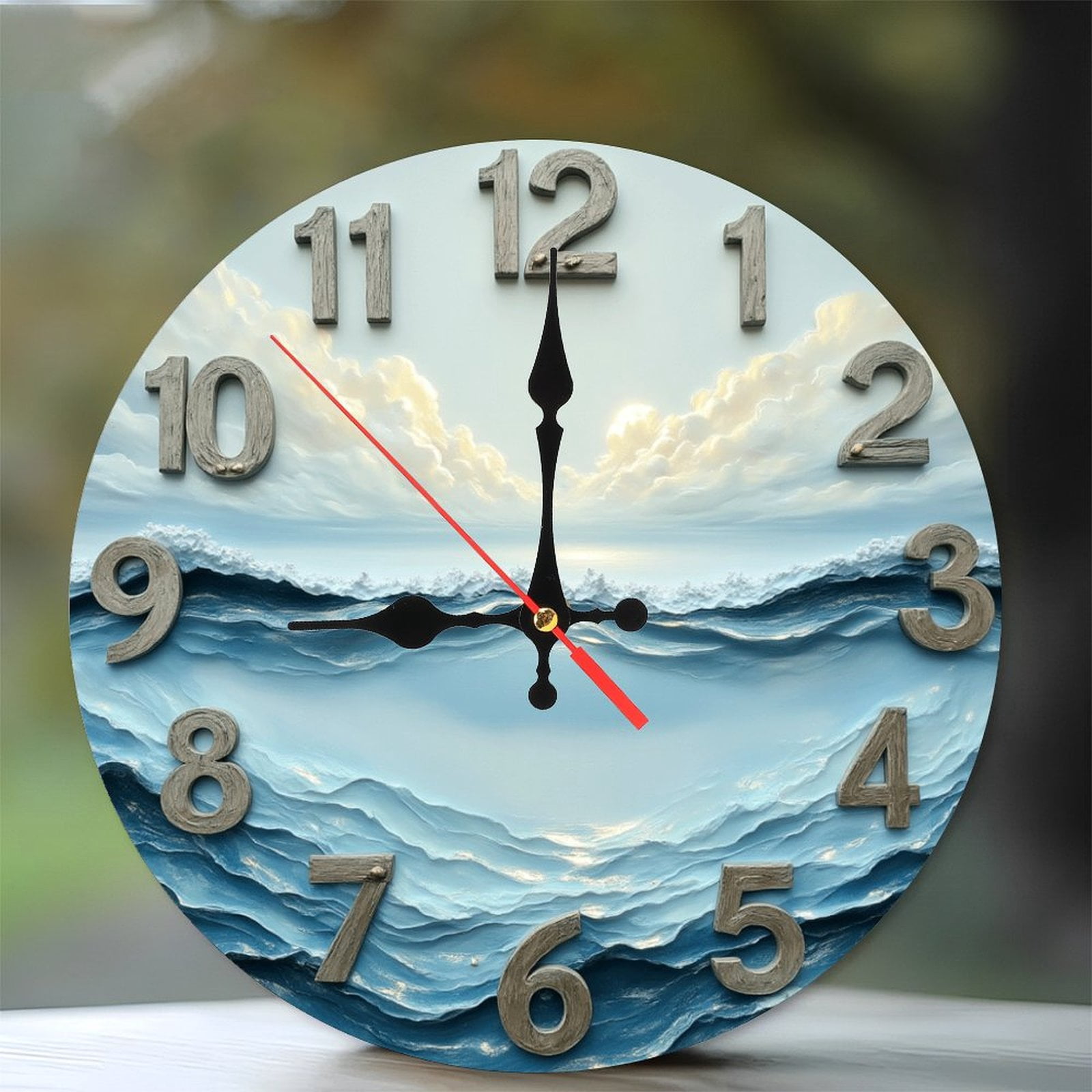 Ocean Wave Textured Wall Clock Calm Sea Decor 10-Inch Silent Wooden ...