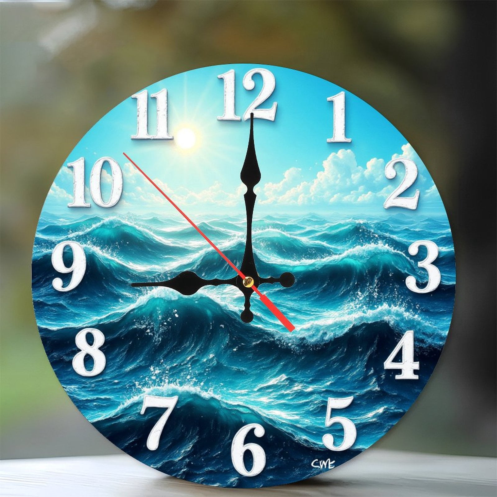 Ocean Wave Wall Clock; Sunny Seascape Timepiece 10-Inch Silent Wooden ...