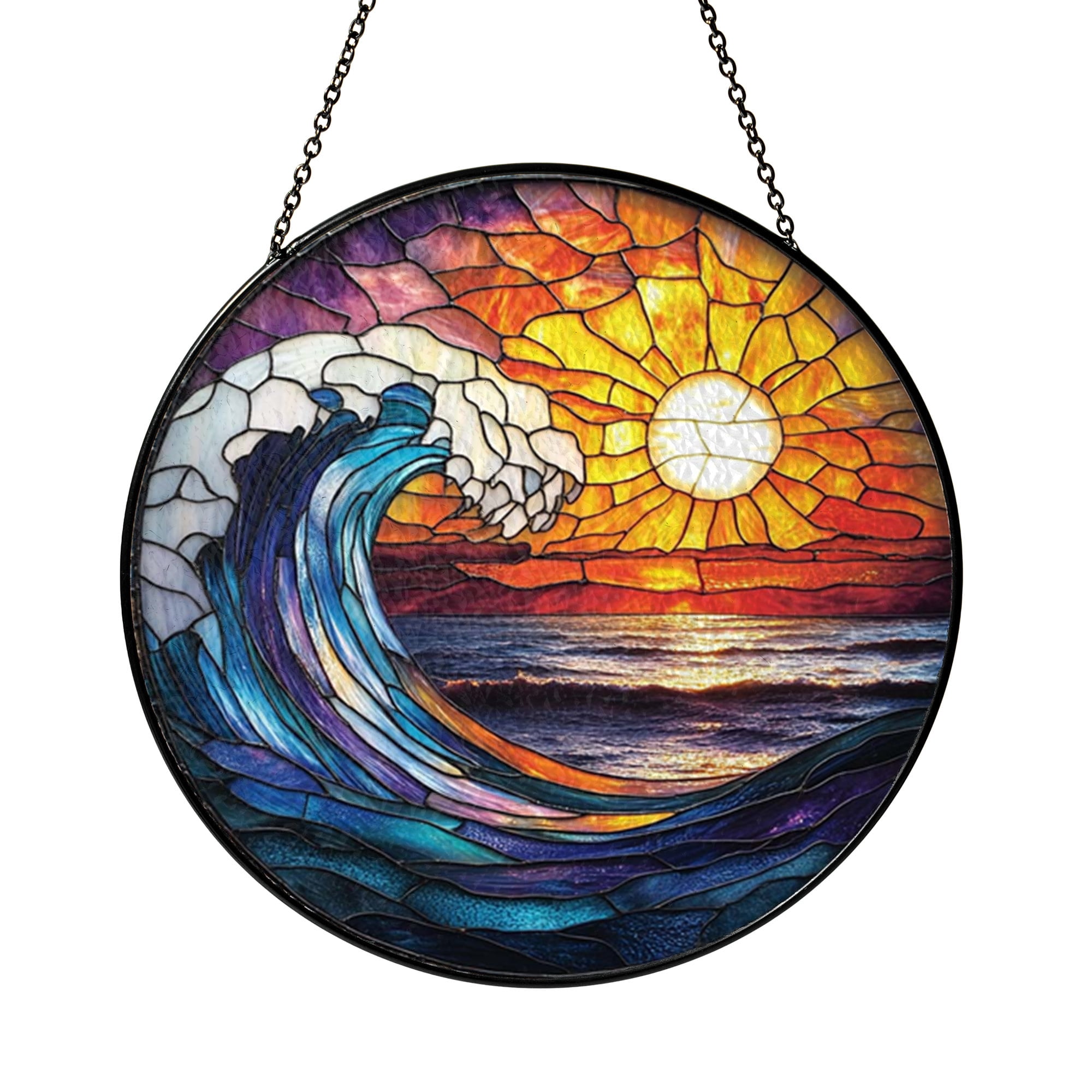 Ocean Wave and Sunset Stained Glass Suncatcher – Round Window Art2001 ...