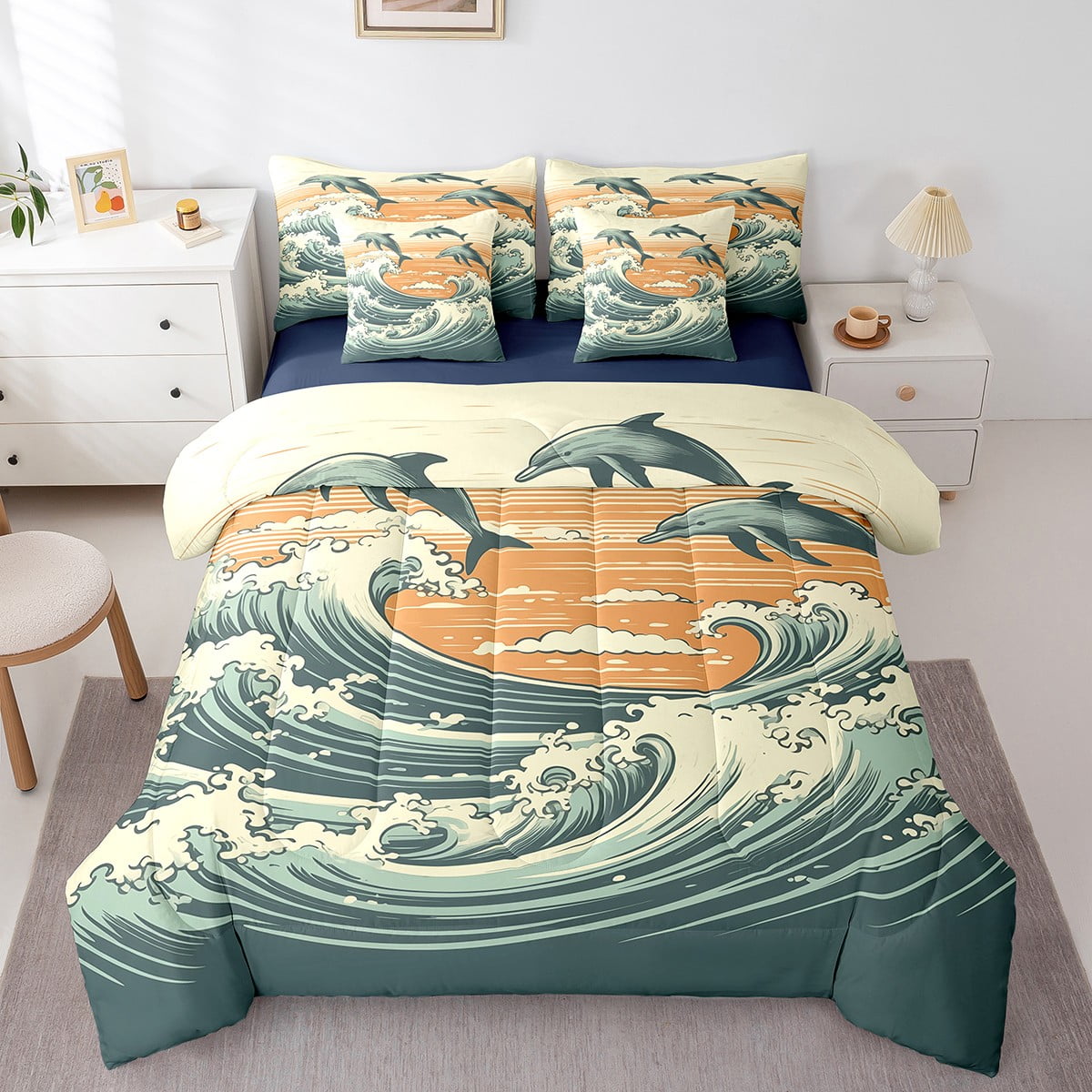 Ocean Waves 7 Pcs Comforter Set Twin Size, Japanese Style Bedding For Kids Girls Boys, Cartoon ...