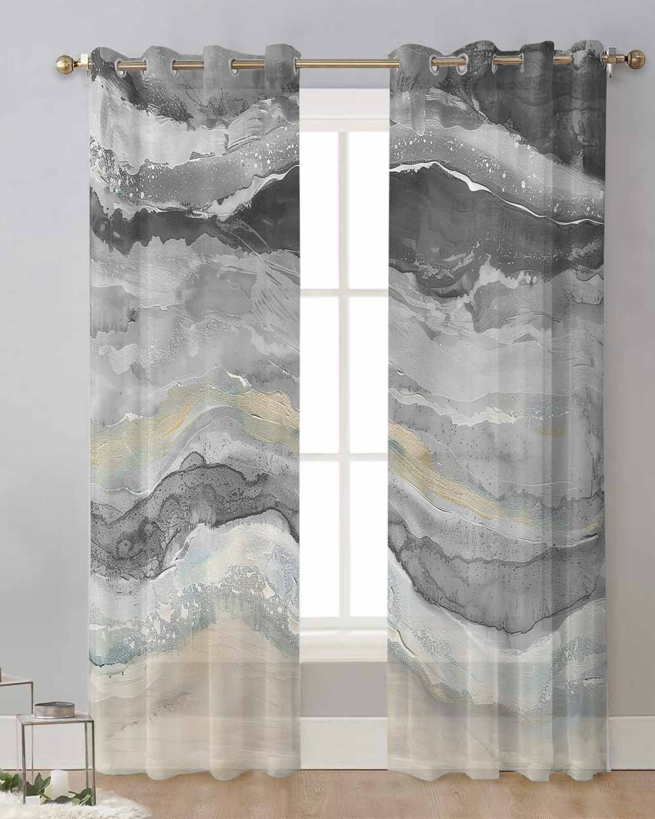 Ocean Waves And Beach Gradient Abstract Gray Voile Curtain Window ...