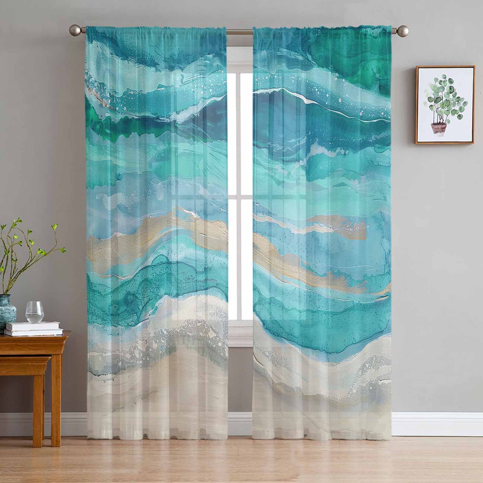 Ocean Waves And Beach Gradient Abstract Turquoise Sheer Curtain Living ...