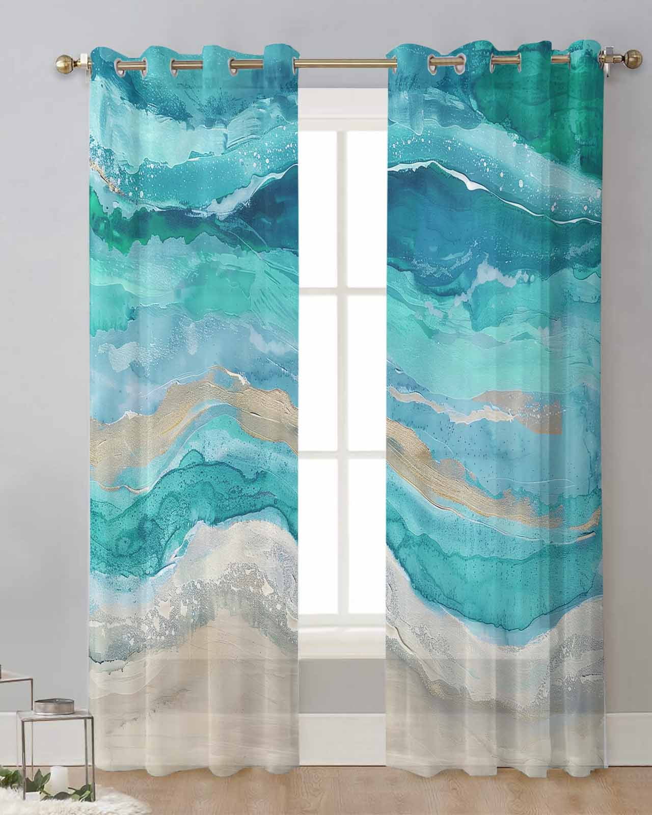 Ocean Waves And Beach Gradient Abstract Turquoise Voile Curtain Window ...