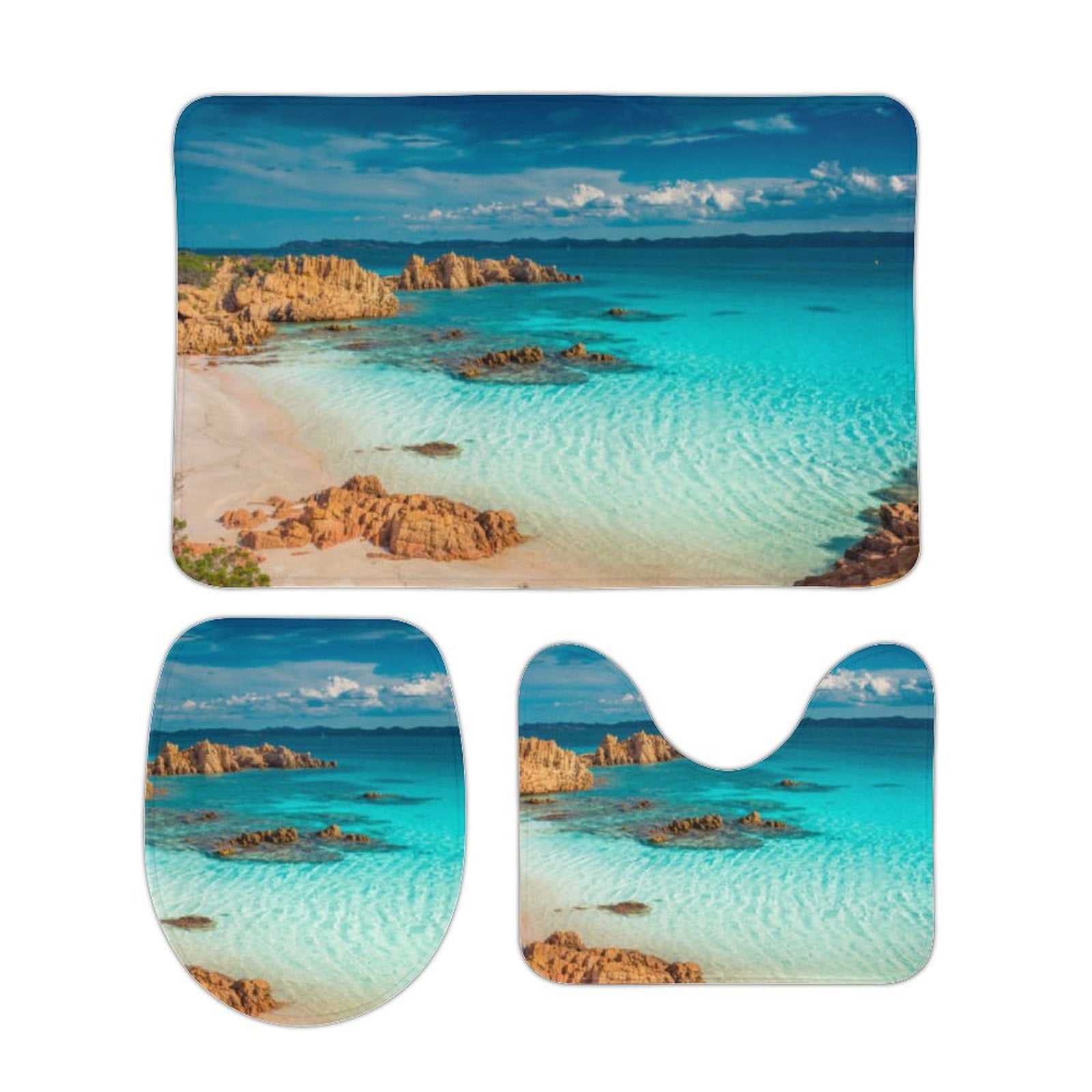 Ocean Waves Beach Blue Sea Bathroom Rugs Set 3 Piece with Non-Slip Bath ...