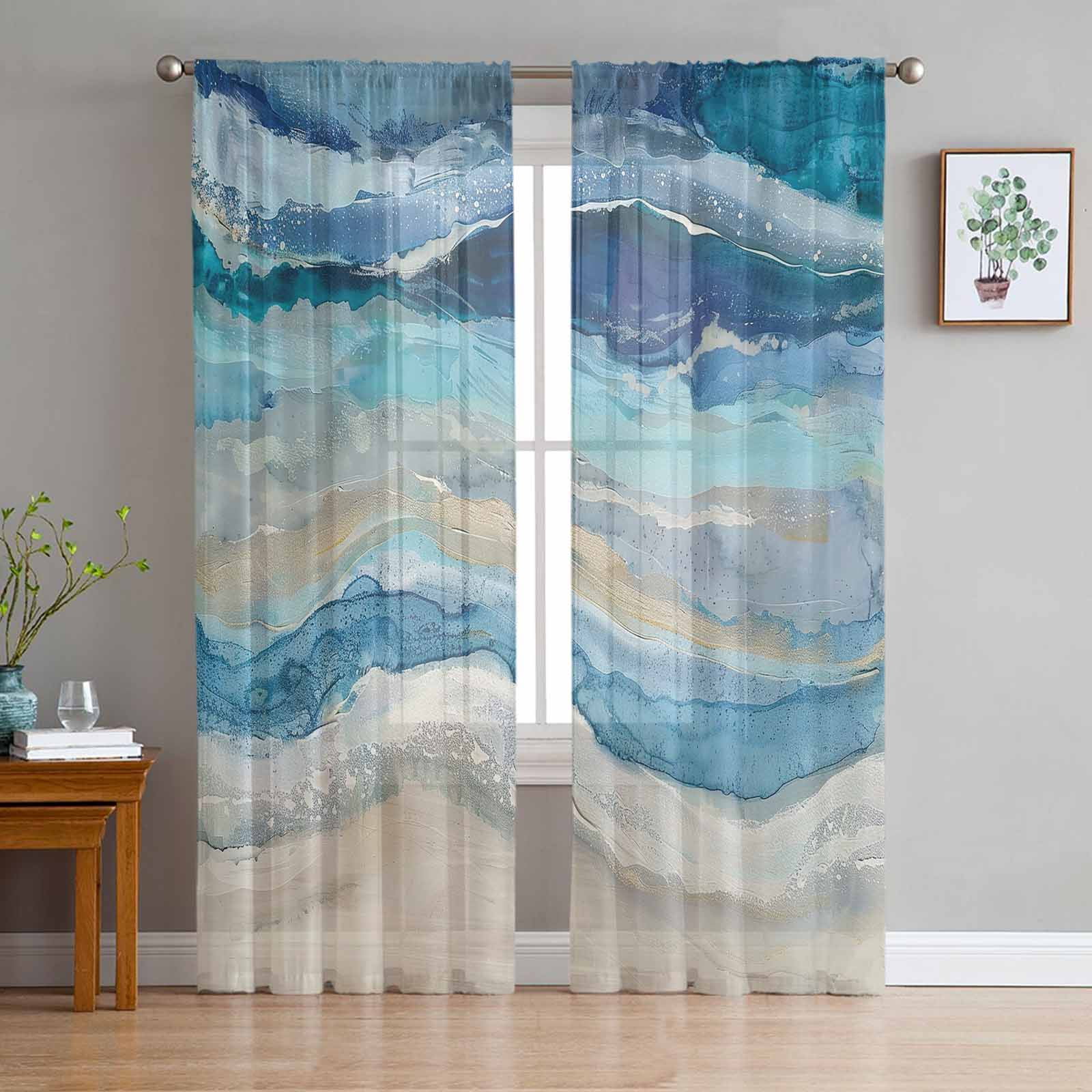 Ocean Waves Beach Gradient Abstract Blue Tulle Curtains For Bedroom ...