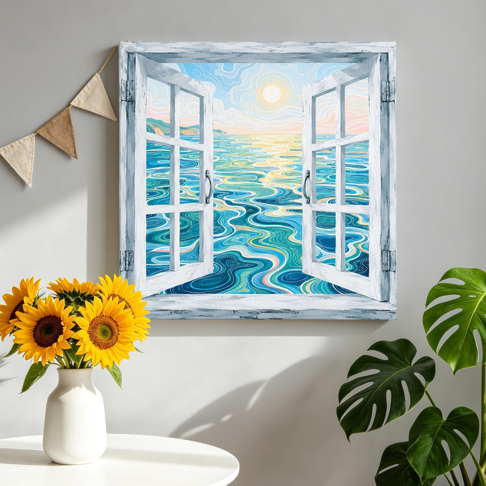Ocean Waves Canvas Wall Art for Living Room, Coastal Open Window Blue ...