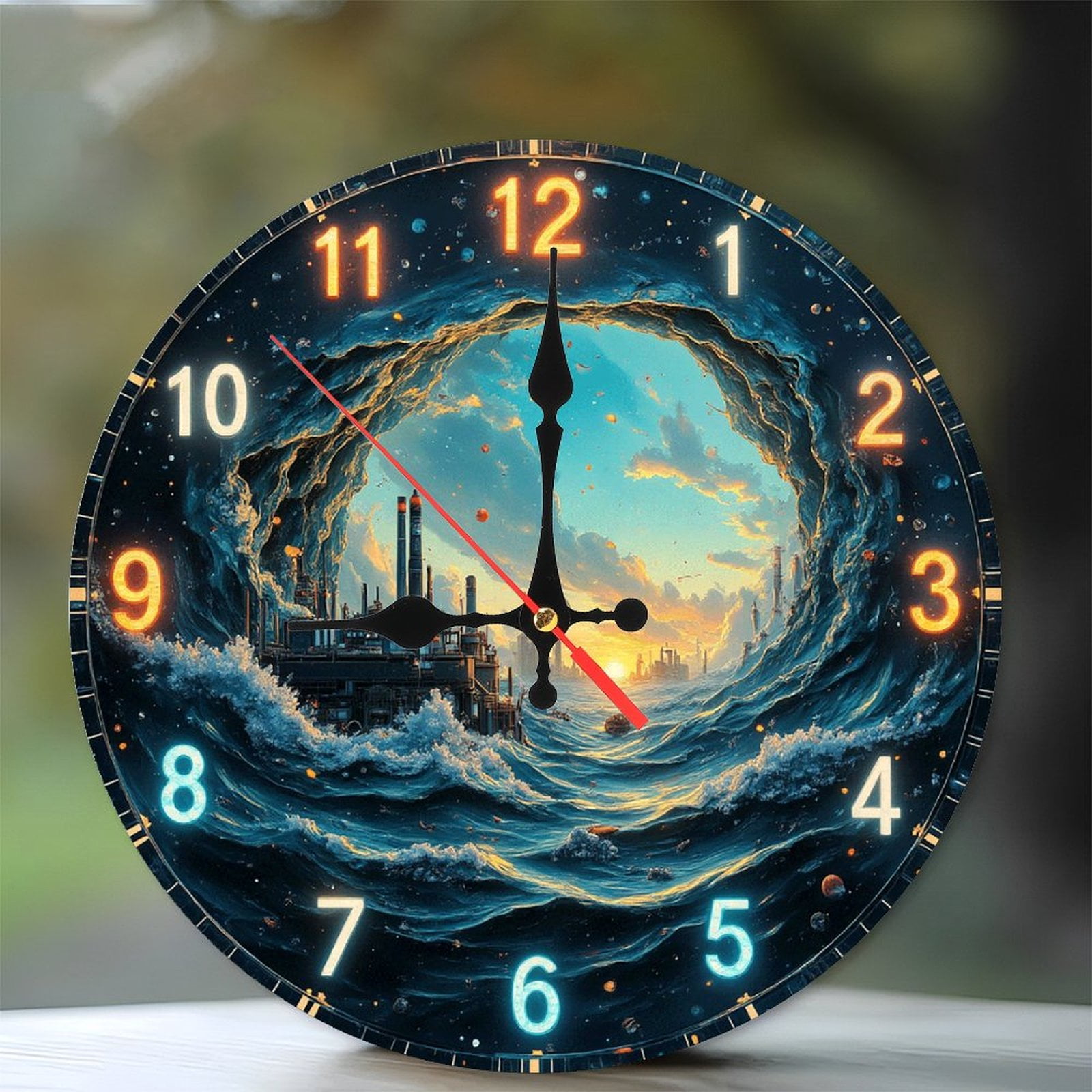 Ocean Waves Clock Surreal Sunset Cityscape Art 10-Inch Silent Wooden ...